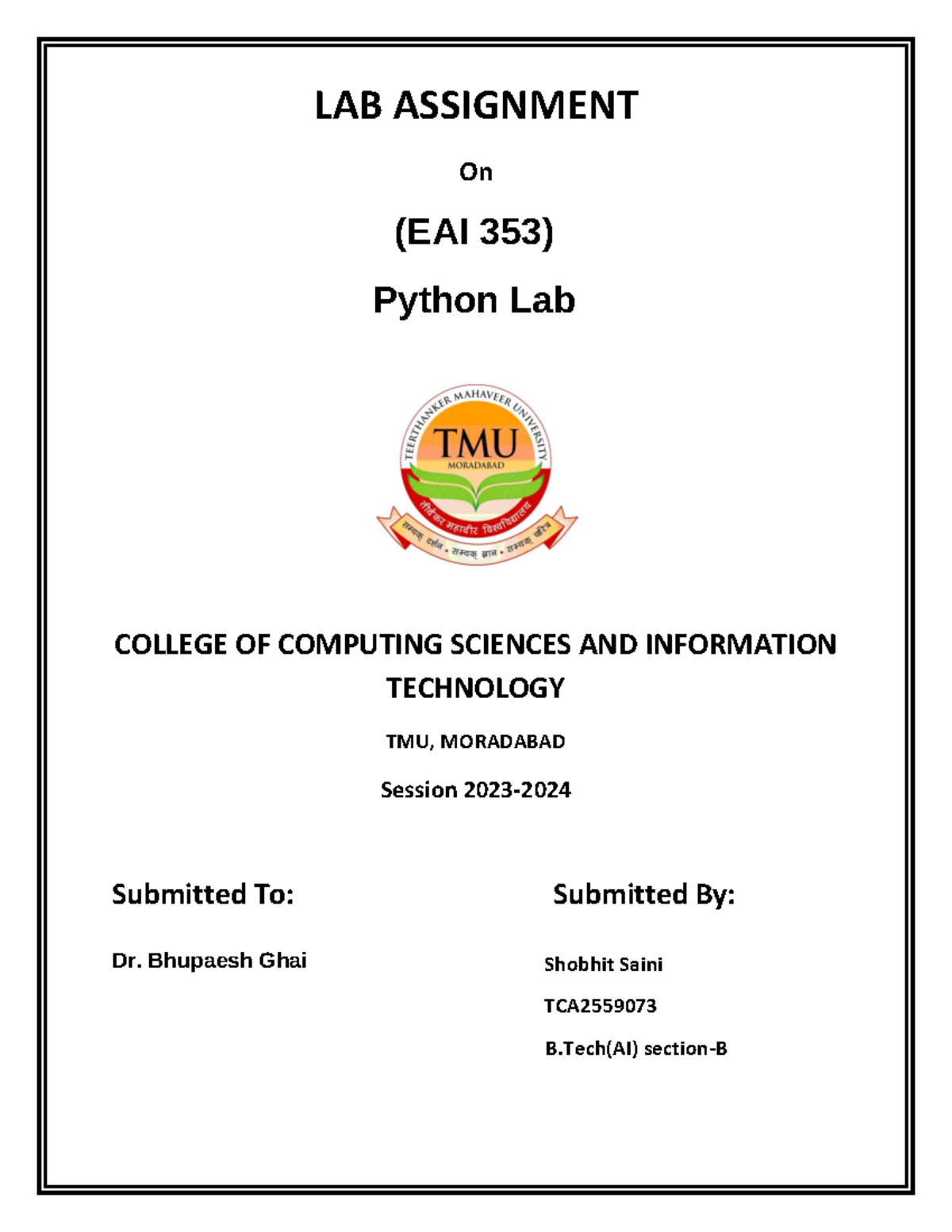 DMBS 73 (1) - assignment - LAB ASSIGNMENT On (EAI 353) Python Lab ...