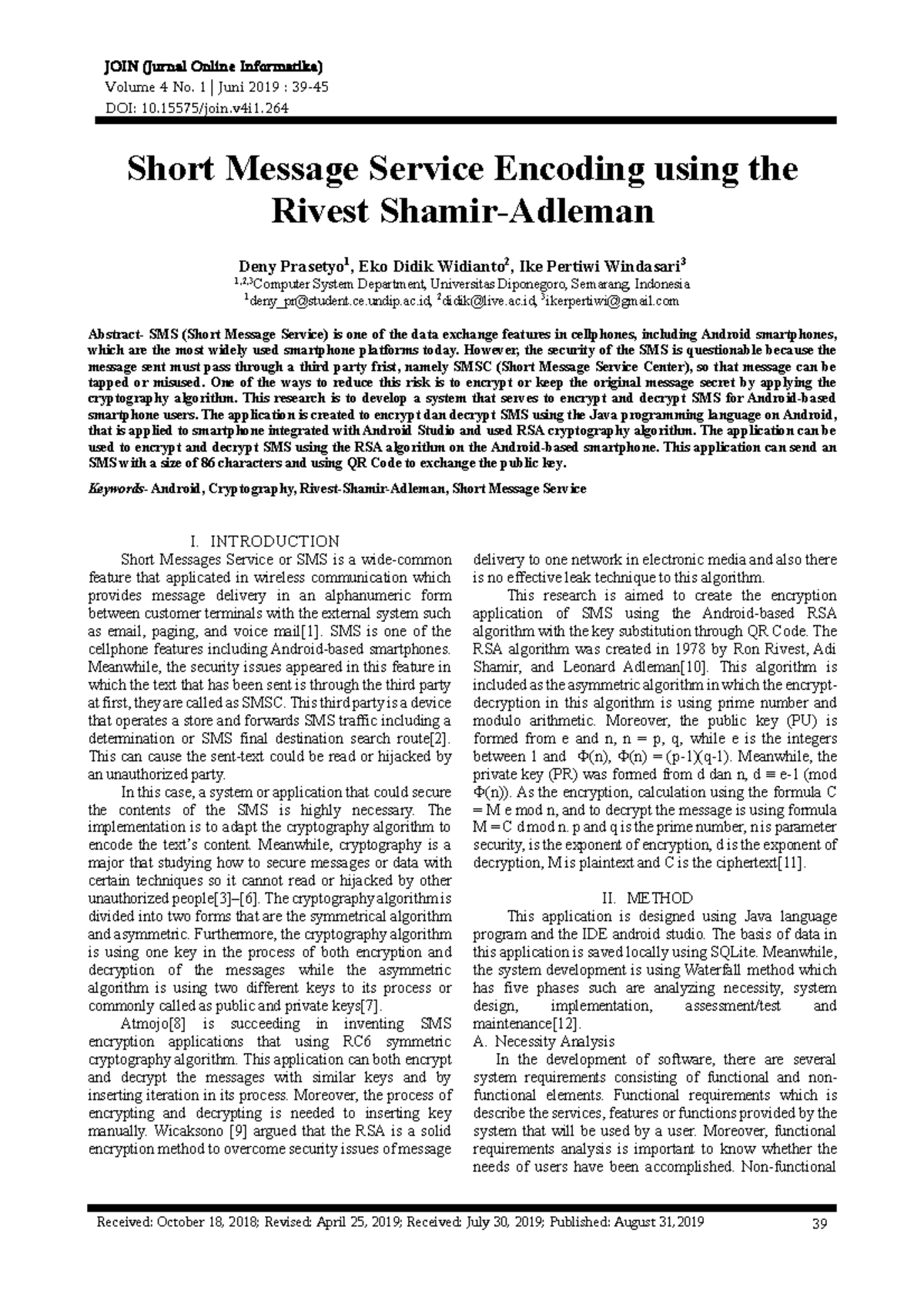 Short Message Service Encoding Using The Rivest Shamir Adleman Join Jurnal Online Informatika