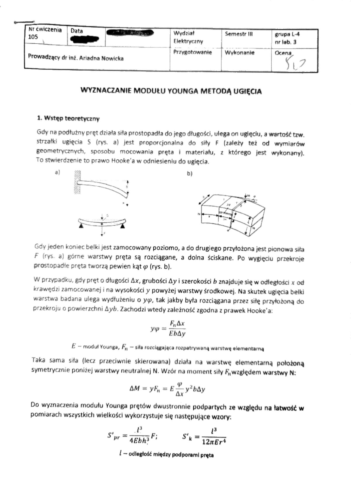 Wyznaczanie modułu younga metodą ugięcia - Inżynieria Materiałowa - Studocu