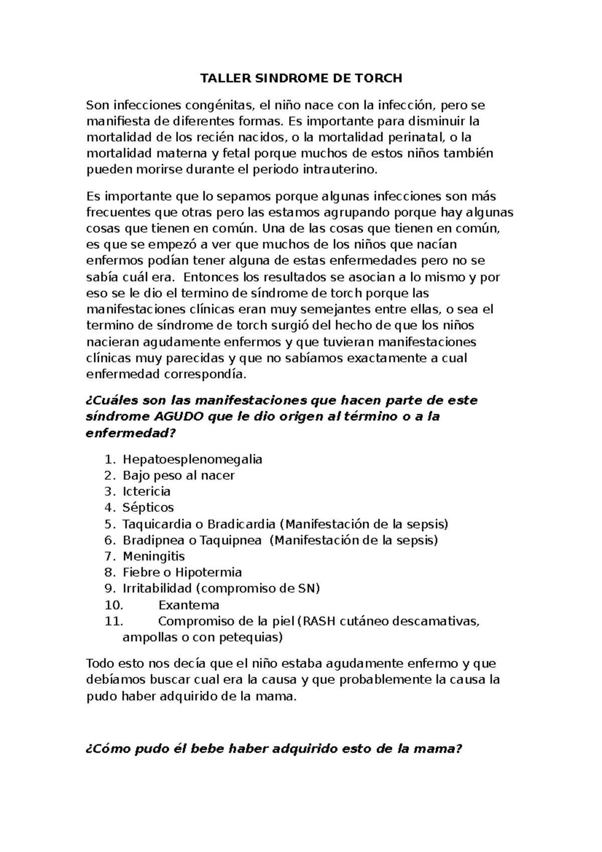 Sindrome DE Torch - TALLER SINDROME DE TORCH Son infecciones congénitas ...