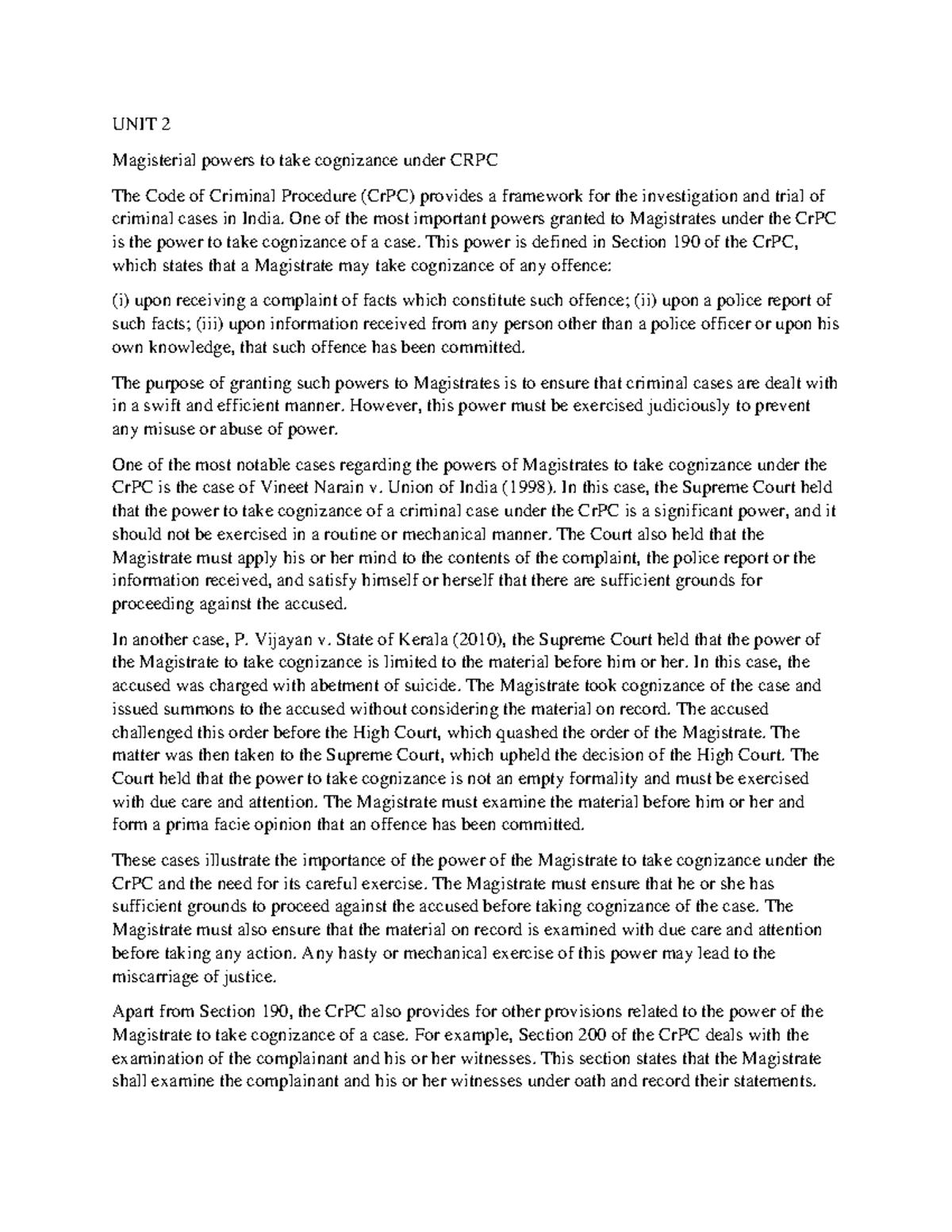 Crpc Unit -1 - notes - UNIT 2 Magisterial powers to take cognizance ...