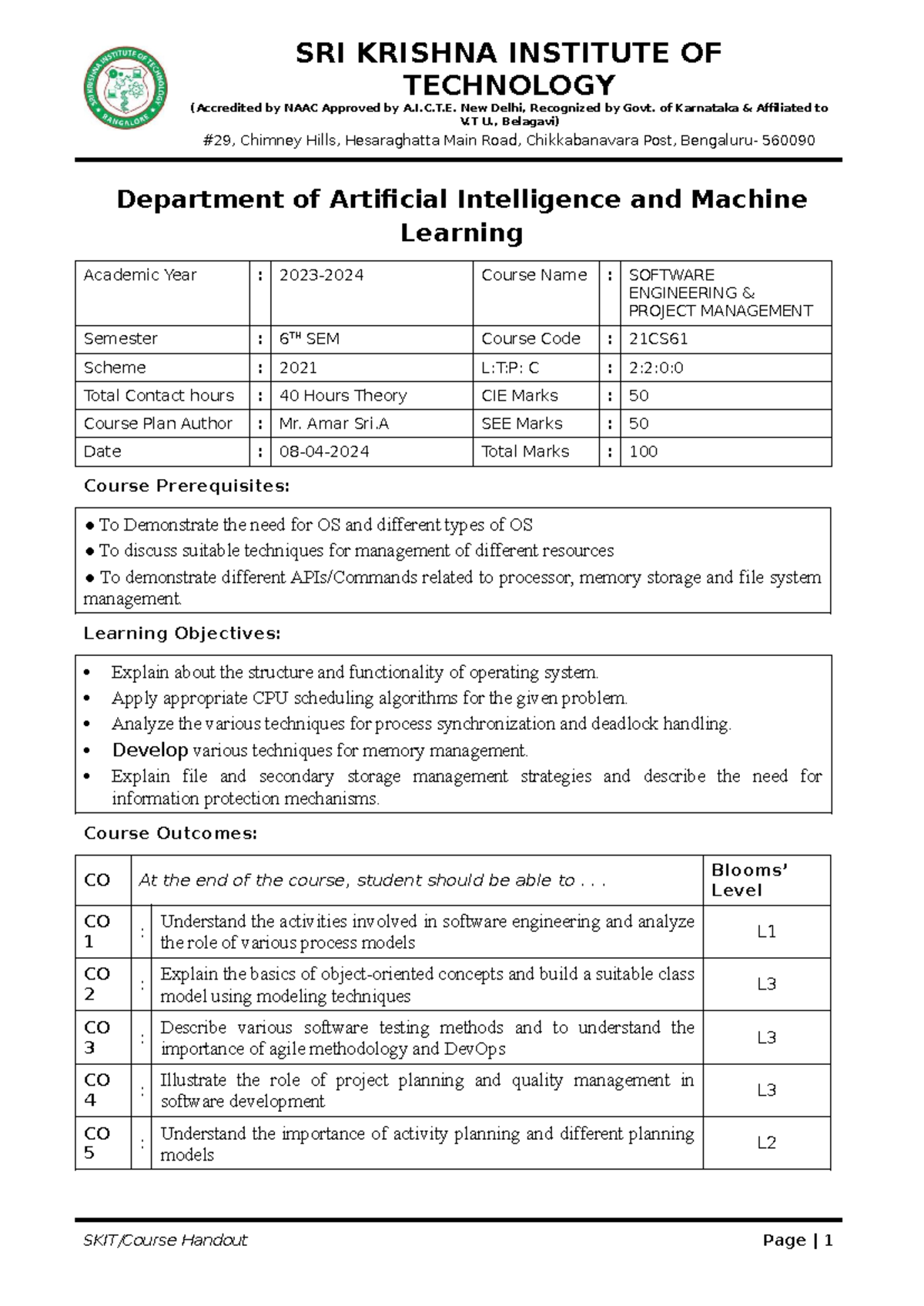 Amar2021 Course Handout Software Engineering - TECHNOLOGY (Accredited by NAAC Approved by A.I.C ...