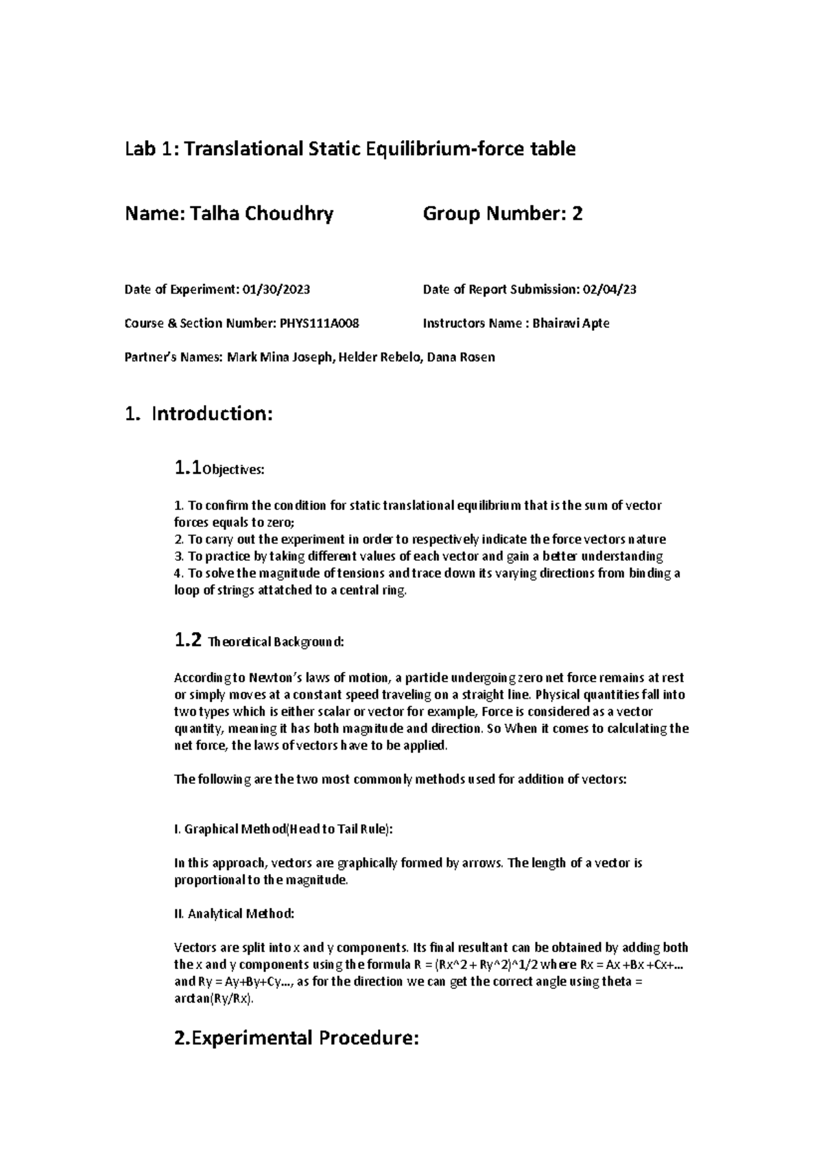 Force Table(Lab 1) - lab report - Lab 1: Translational Static Equilibrium-force table Name ...