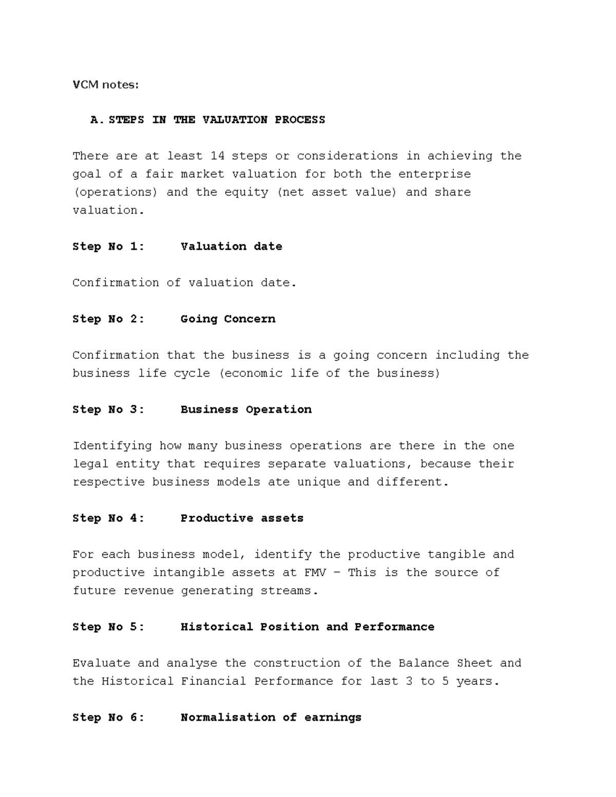 VCM-notes - steps in valuation process - VCM notes: A. STEPS IN THE ...