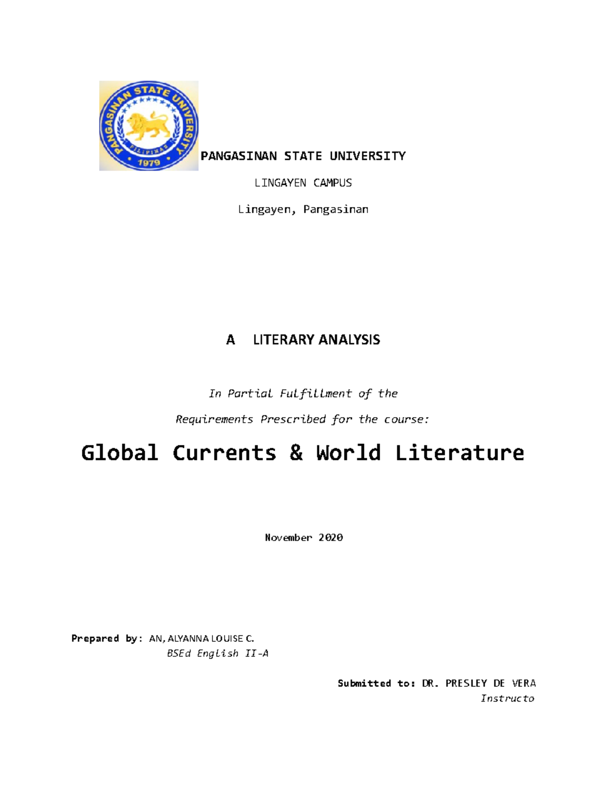 Literary Analysis-Lit2 - BS. education - PangSU - Studocu