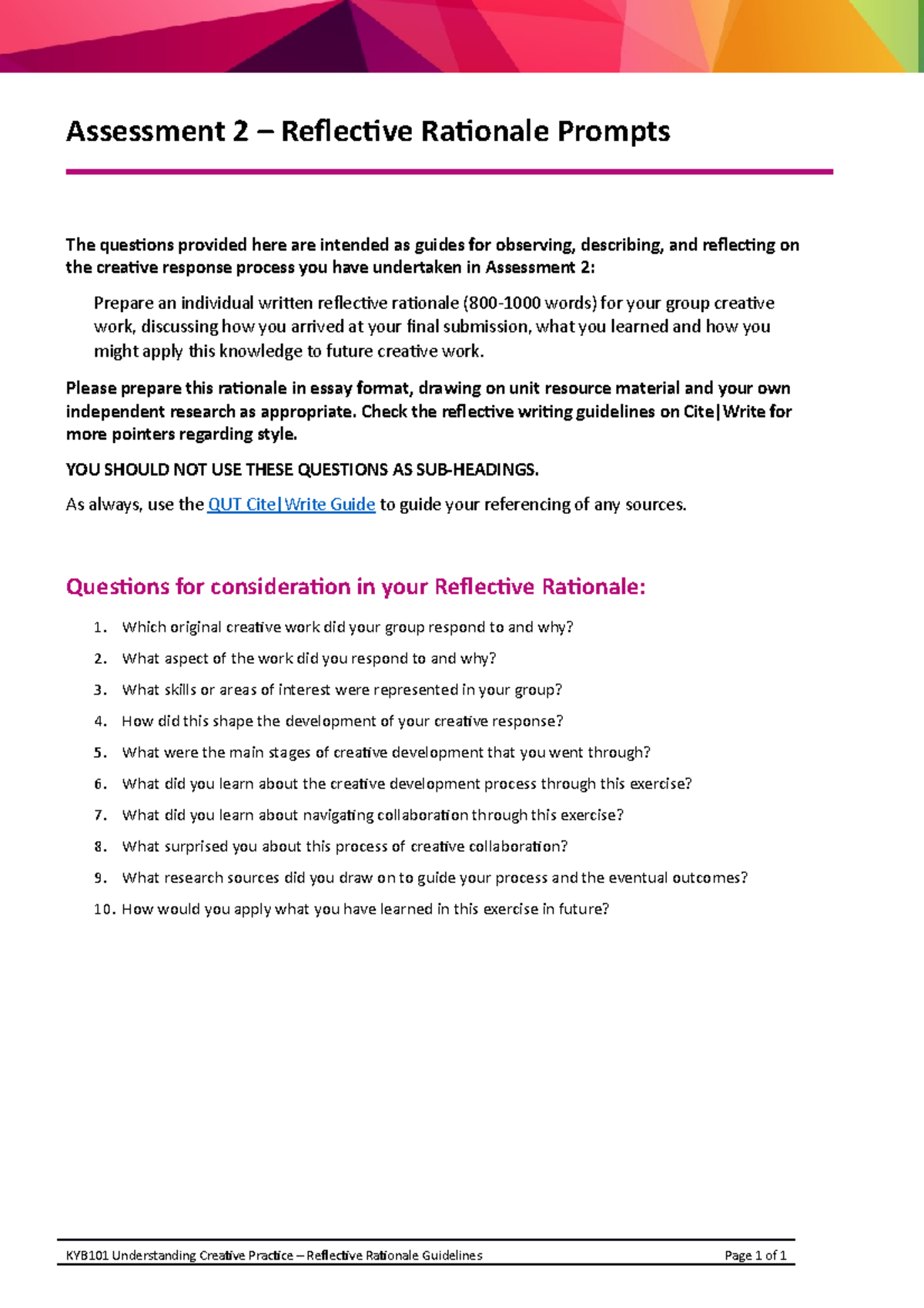 KYB101 Assessment 2 Reflective Rationale Prompts - KYB101 - QUT - Studocu