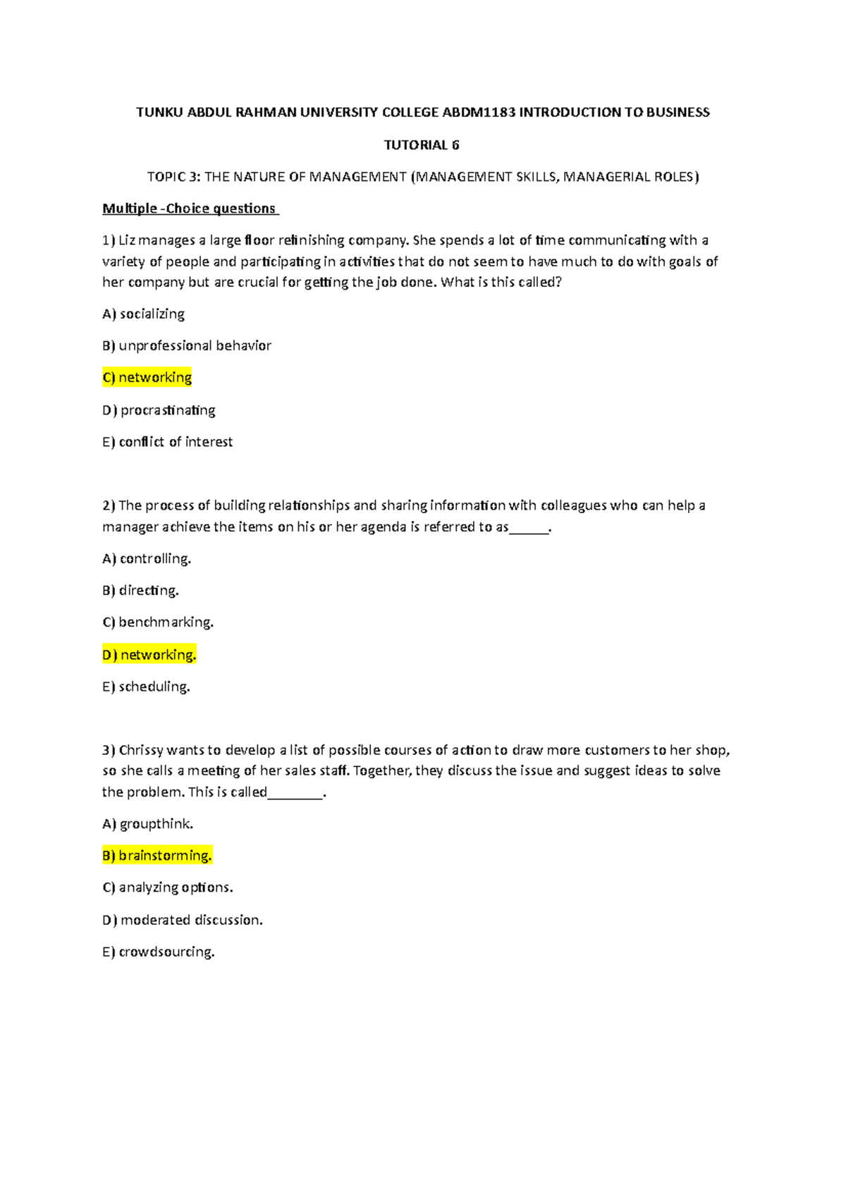 Tutorial 6 Manegement Skills ( Student COPY) - TUNKU ABDUL RAHMAN ...