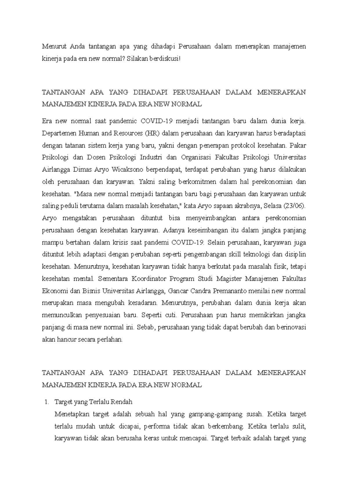 Diskusi 1 EKMA 4263 Manajemen Kinerja - Menurut Anda tantangan apa yang dihadapi Perusahaan ...