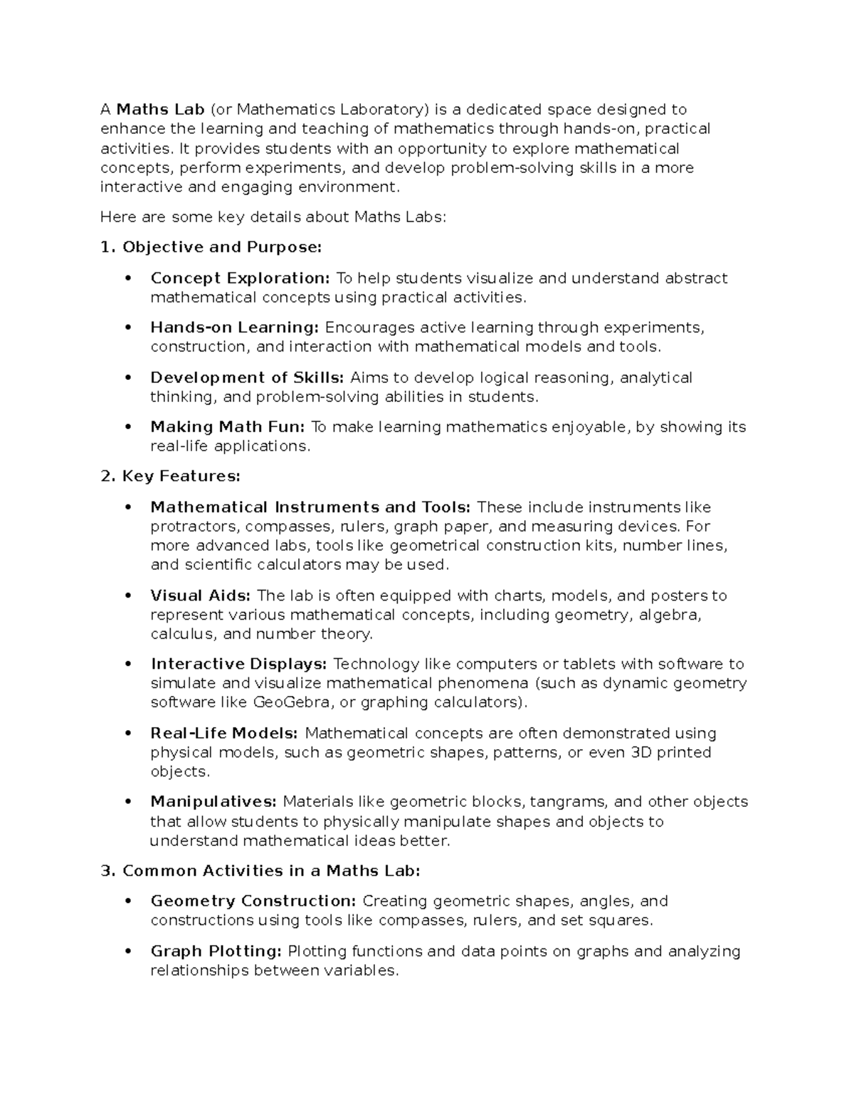 A Maths Lab - It provides students with an opportunity to explore ...