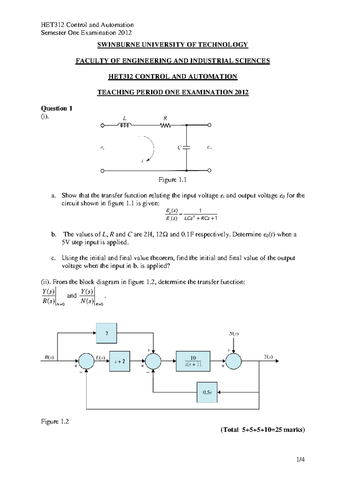 Exam final 5 June 2012, questions - HET312 Control and Automation ...