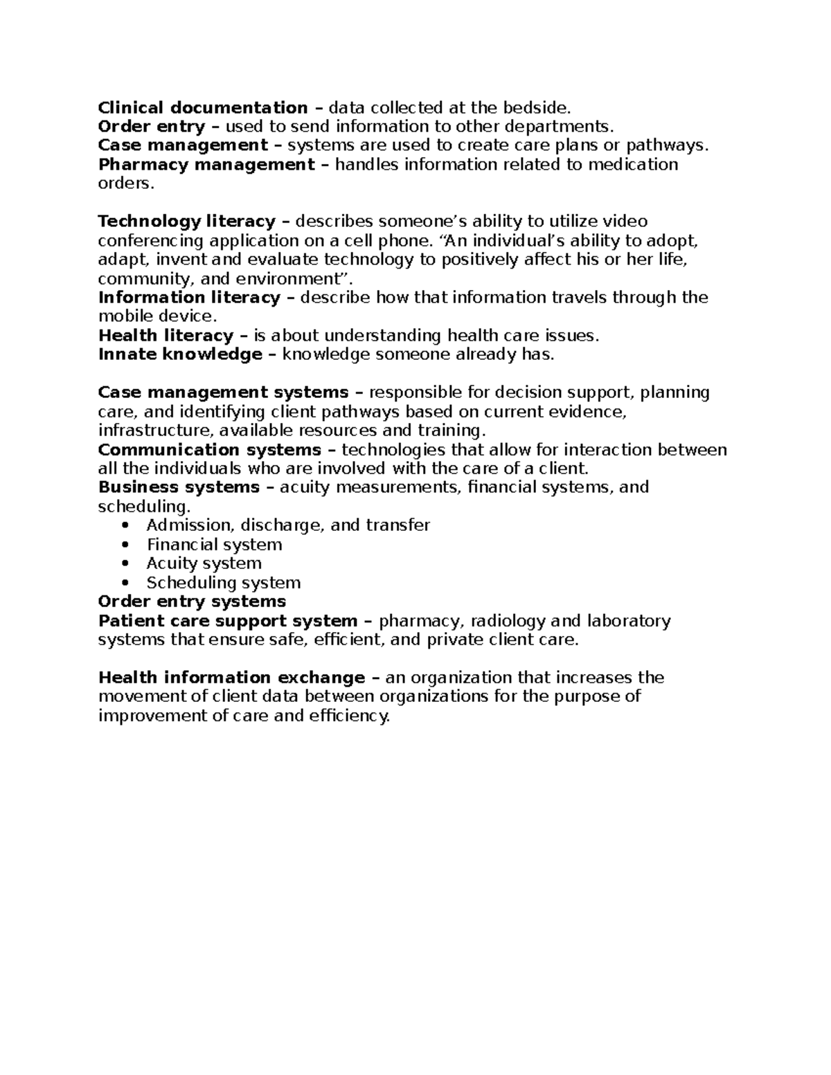 Quiz 2 informatics - Notes - Clinical documentation – data collected at ...