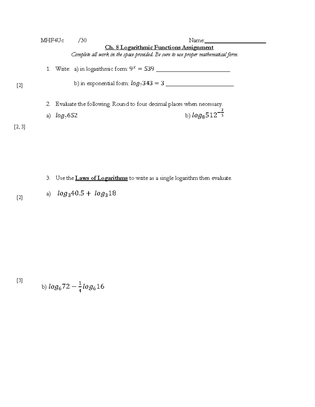 MHF4Uc Ch.8 Assignment - MHF4Uc / 30 Name: Ch. 8 Logarithmic Functions ...