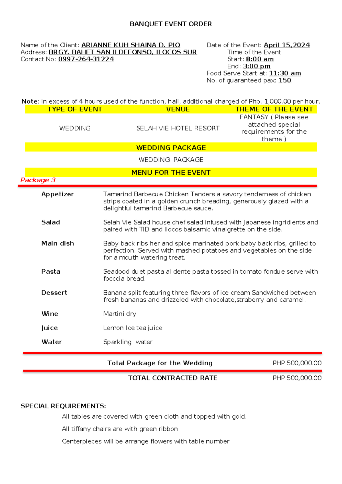 Sample Banquet Event Order - BANQUET EVENT ORDER Name of the Client ...