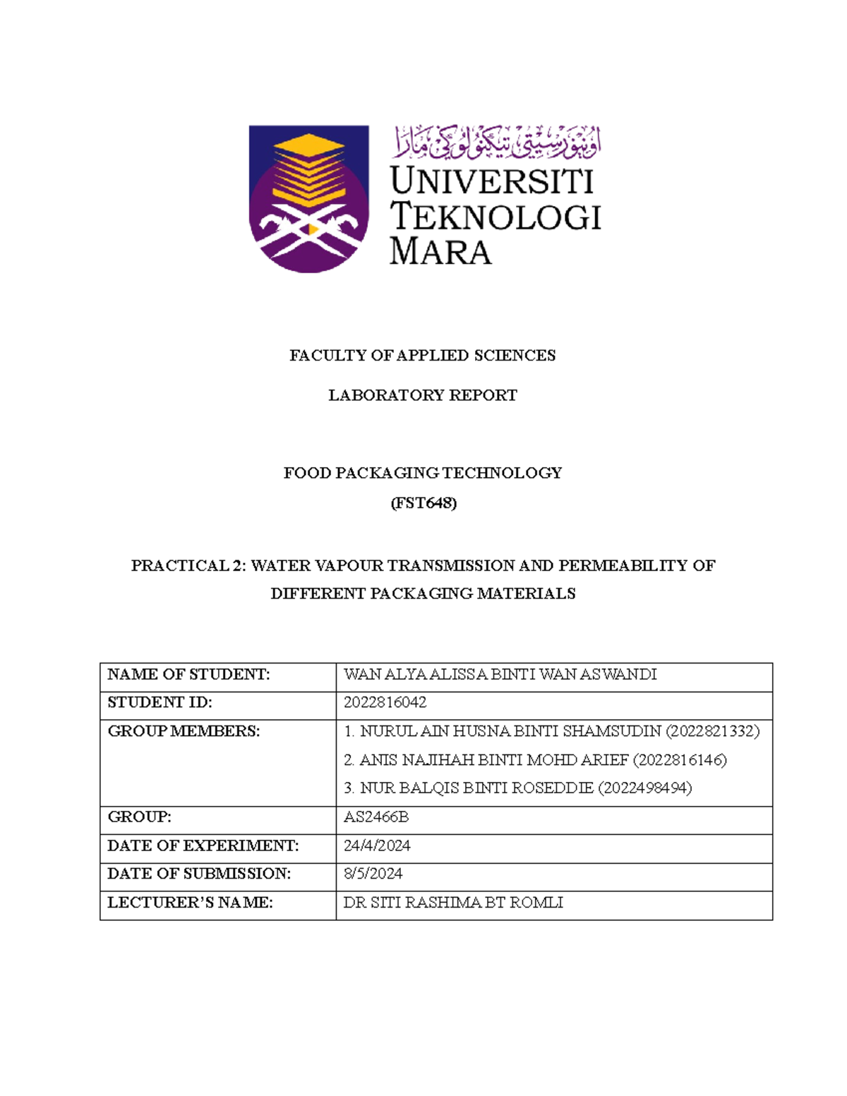 Lab report 2 water vapour FST648 - ####### FACULTY OF APPLIED SCIENCES ...