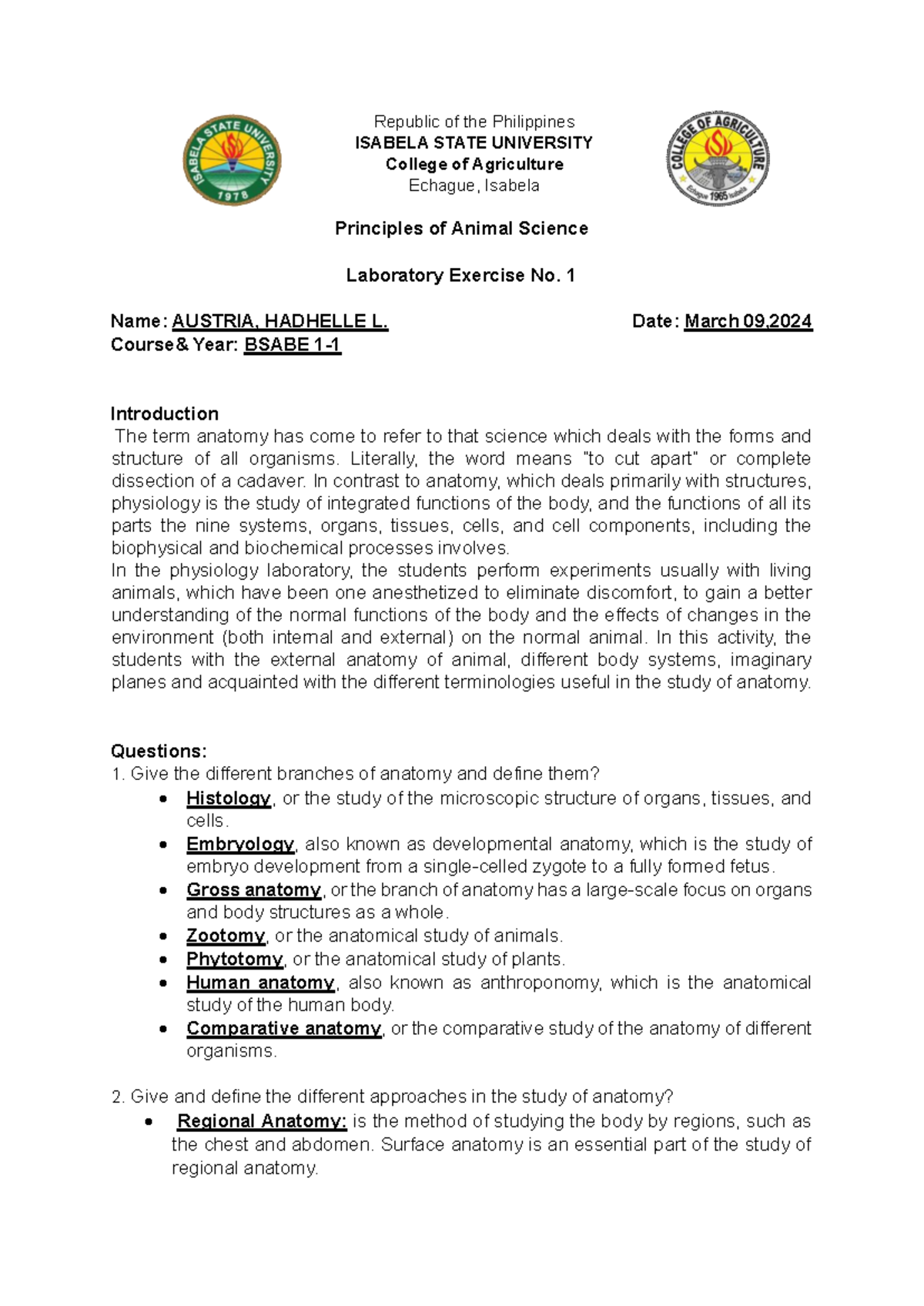 LAB 1 Animal Science - Bhjhbujj - Republic of the Philippines ISABELA STATE UNIVERSITY College ...