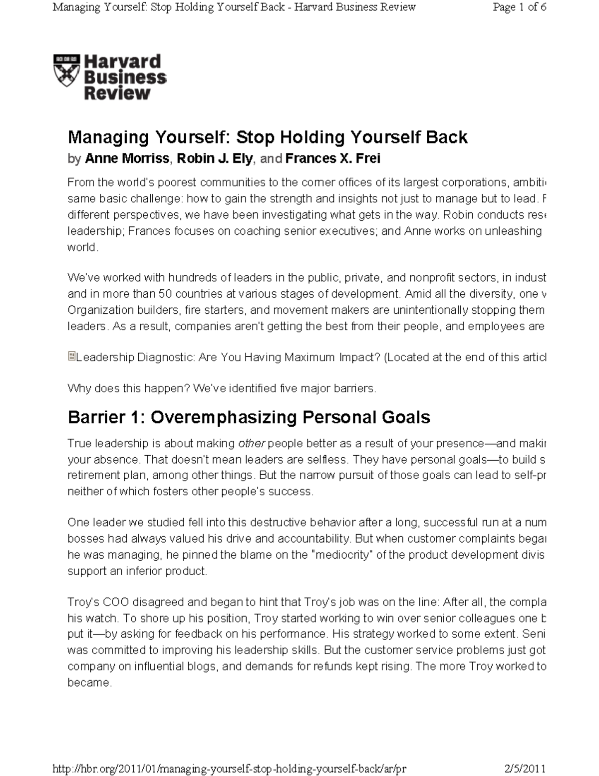HBR Managing Yourself - Stop Holding Yourself Back - Anne Morriss ...