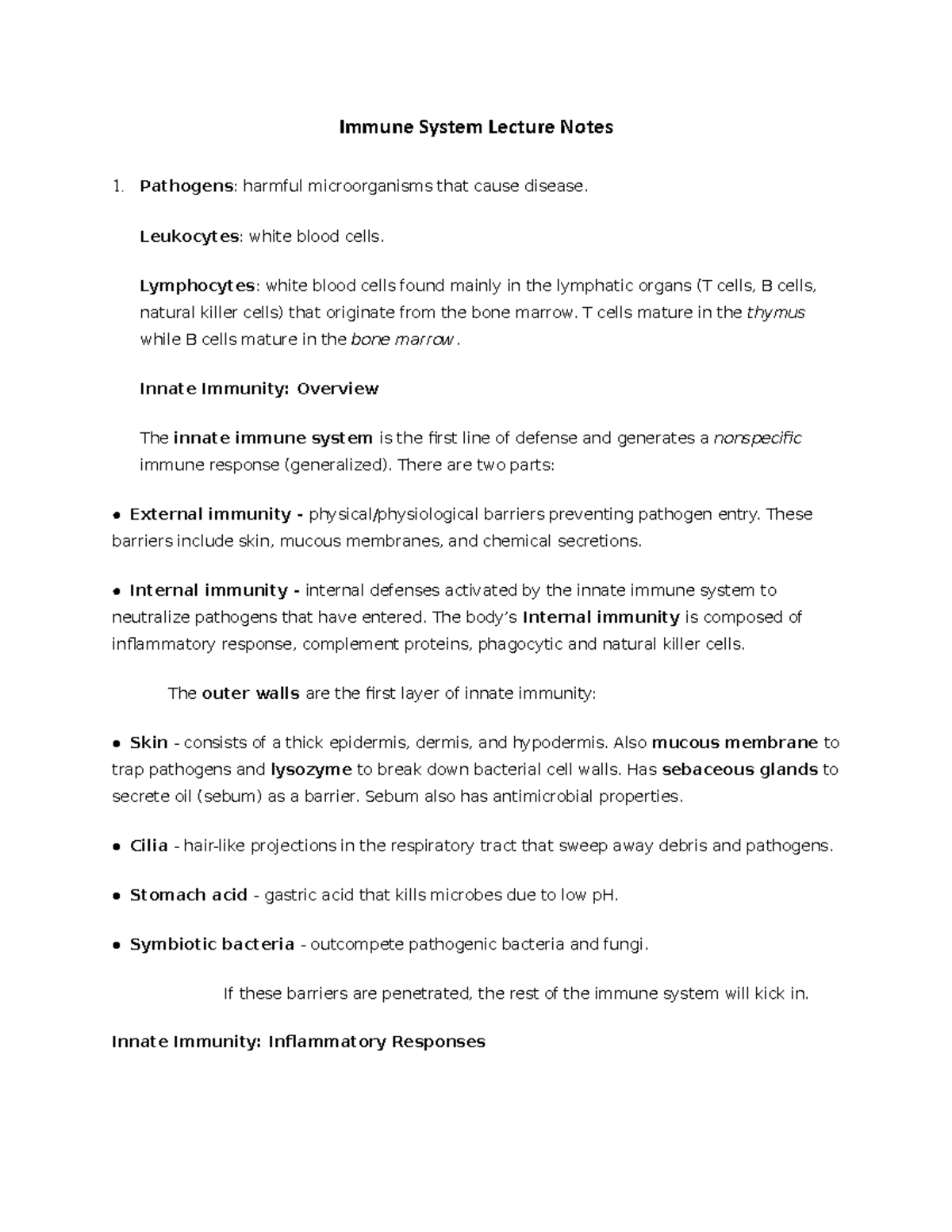 Immune System Lecture Notes - Pathogens: harmful microorganisms that ...