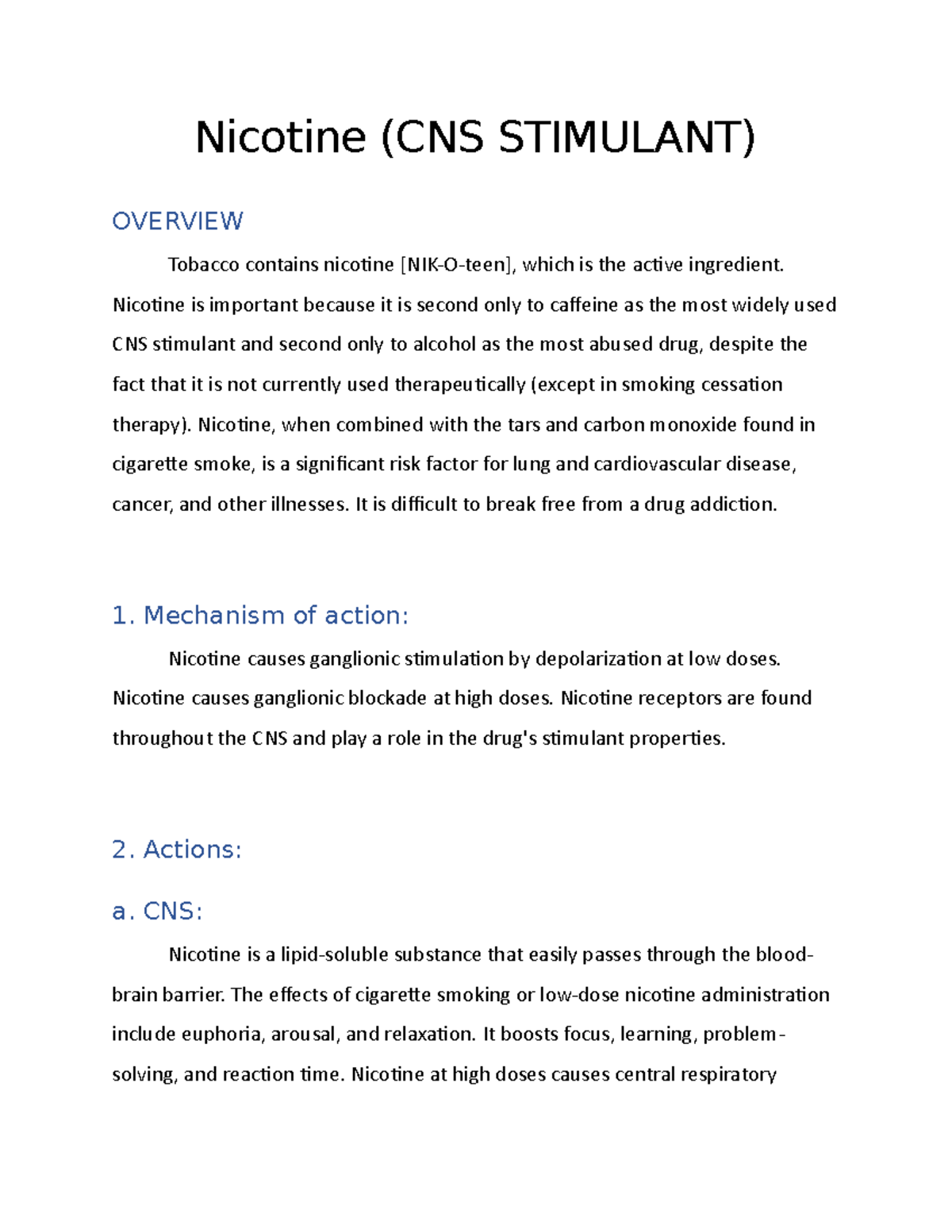 Brief NOTE ON Nicotine CNS Stimulent - Nicotine (CNS STIMULANT ...