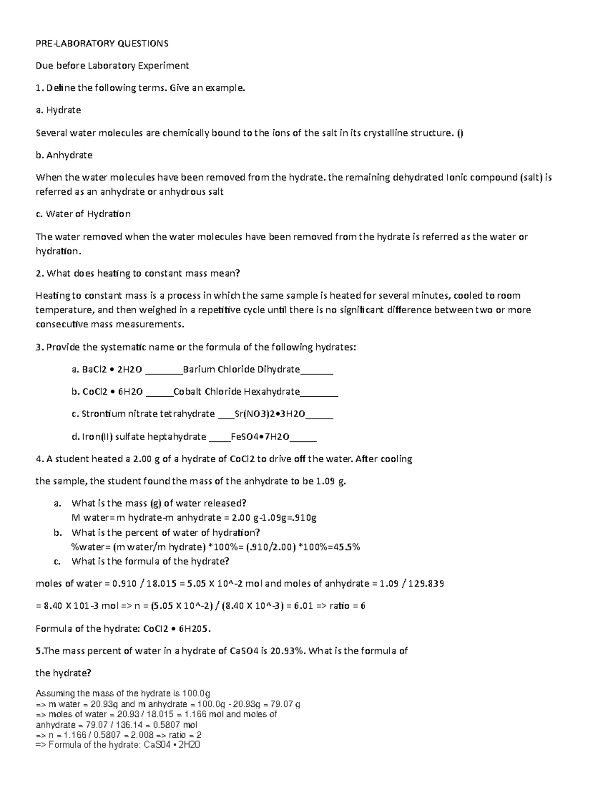 Tayilor Coutee Experiment 3 Determination of a Formula of a Hydrate - PRE-LABORATORY QUESTIONS ...