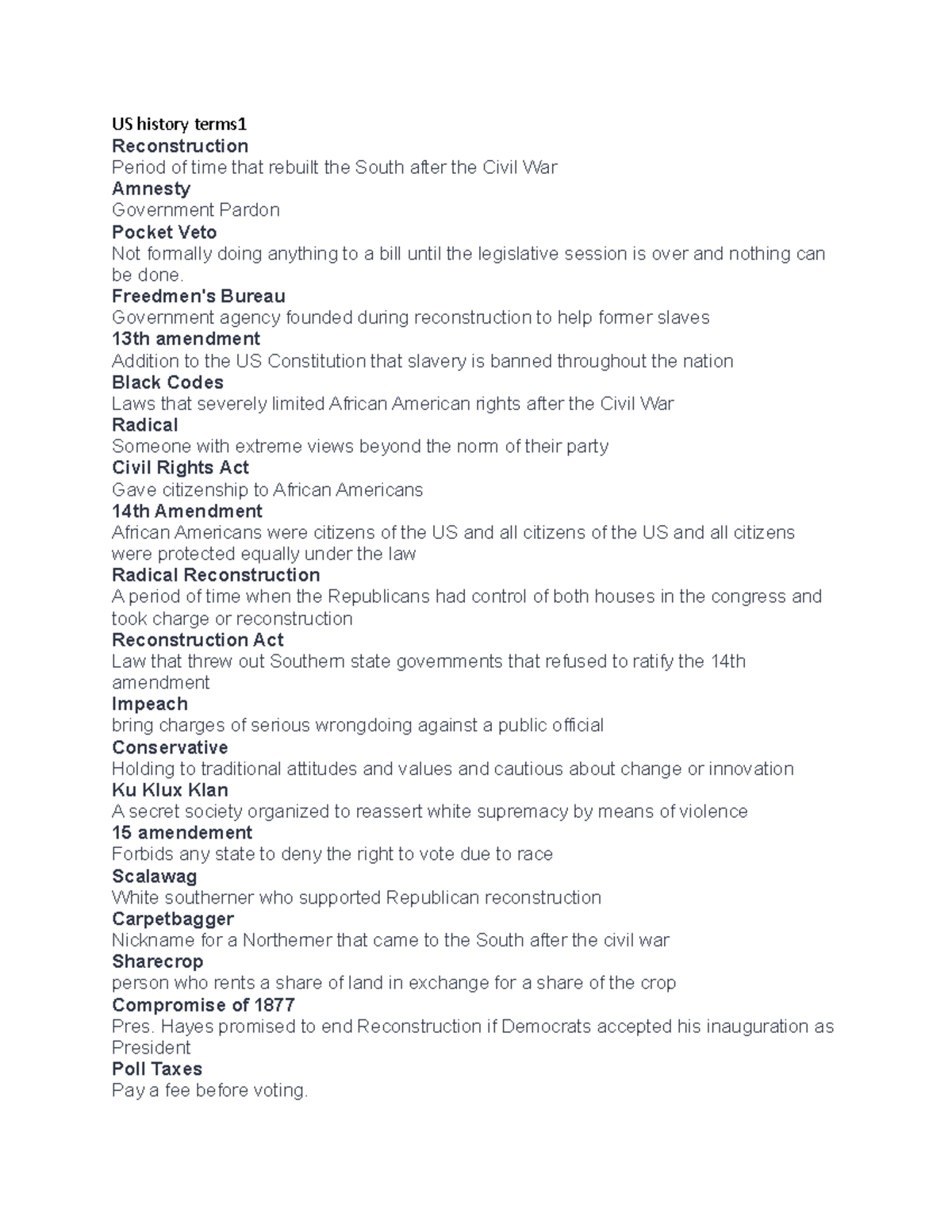 US history terms 1 - US history terms Reconstruction Period of time ...