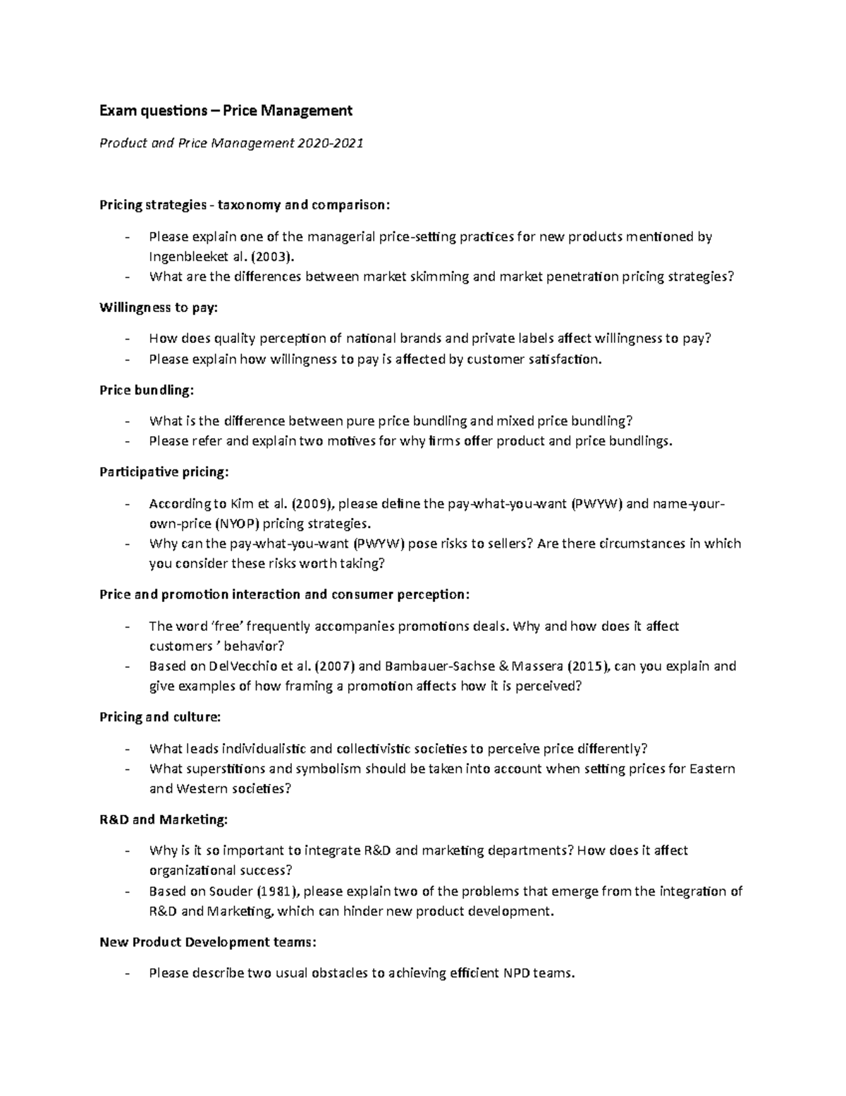 OLD ONE Exam questions Papers Product and Price Management 2021 - Exam ...
