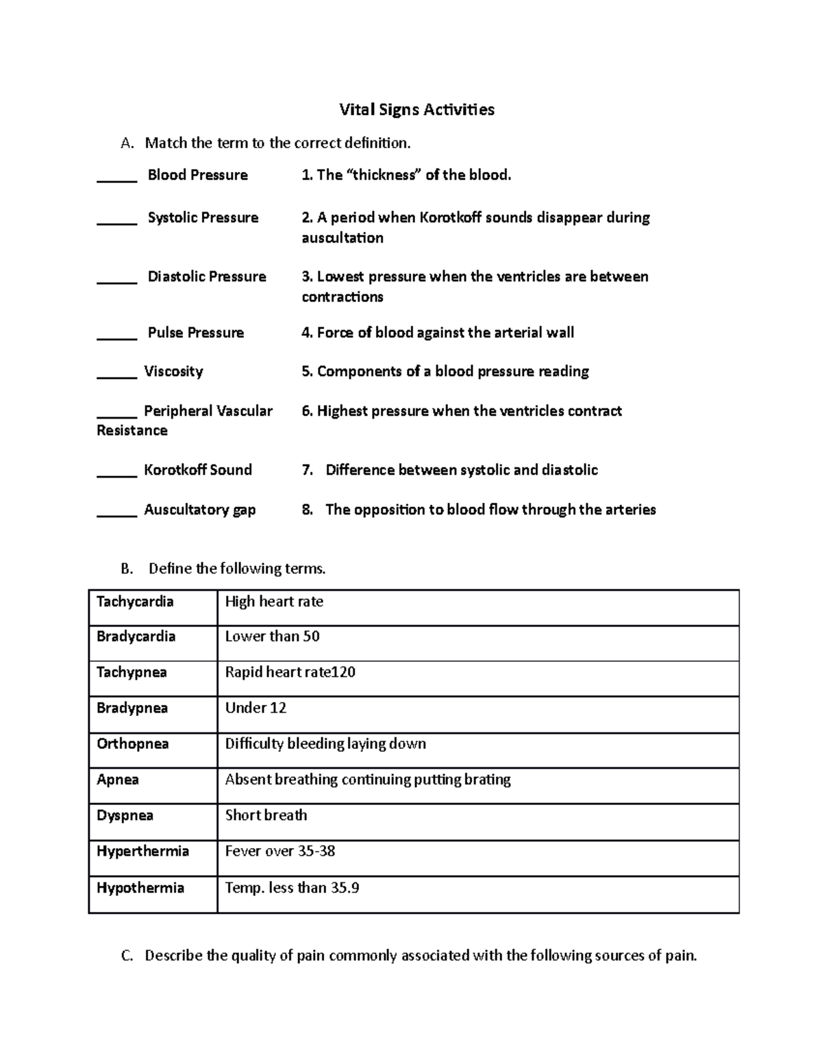 Vital Signs Activity - Vital Signs Activities A. Match the term to the ...