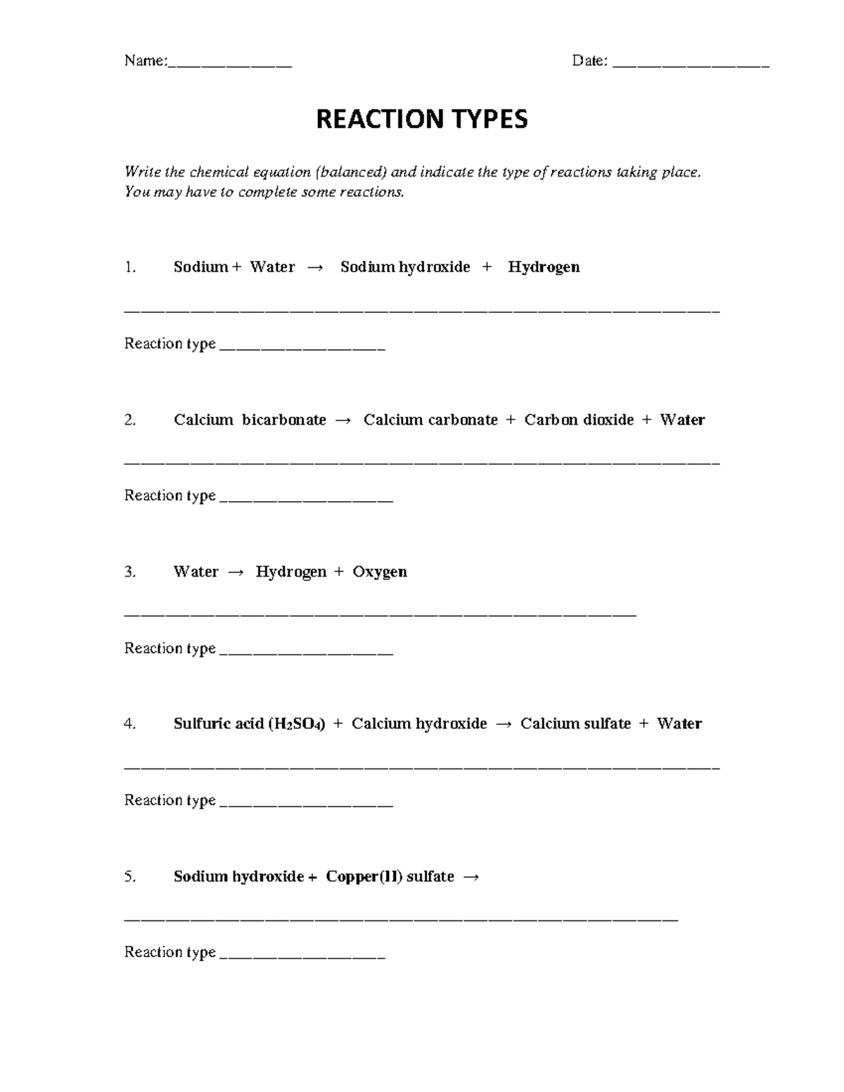 Worksheet 6.5+6.6D - types of reactions + products - Name ...