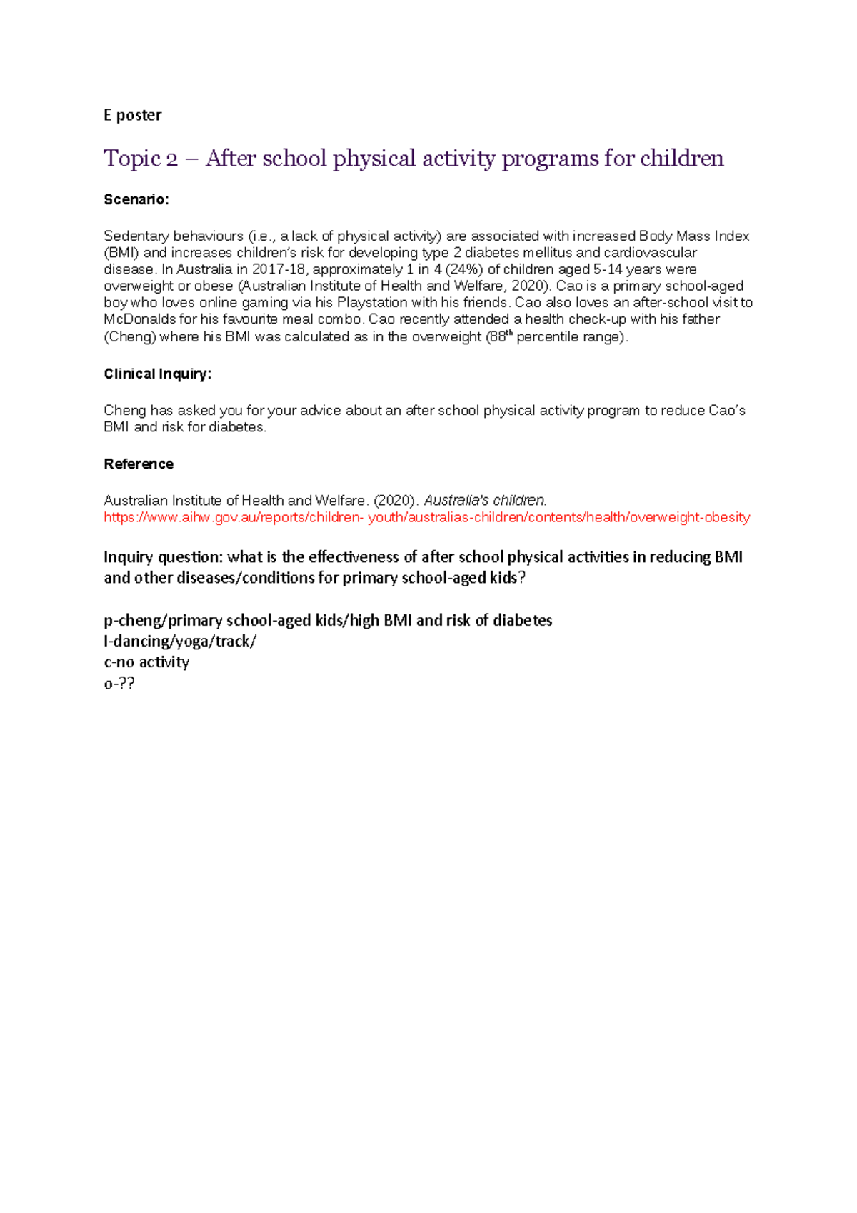 E poster - E poster Topic 2 – After school physical activity programs ...