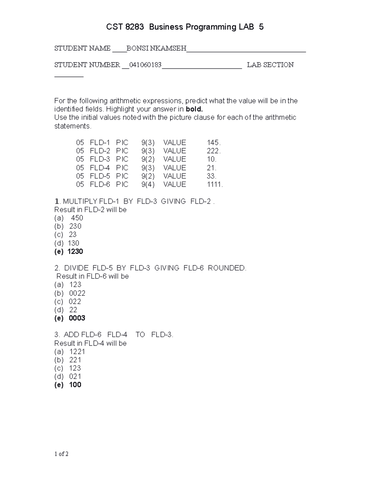 LAB 5 - cst - CST 8283 Business Programming LAB 5 STUDENT NAME BONSI - Studocu