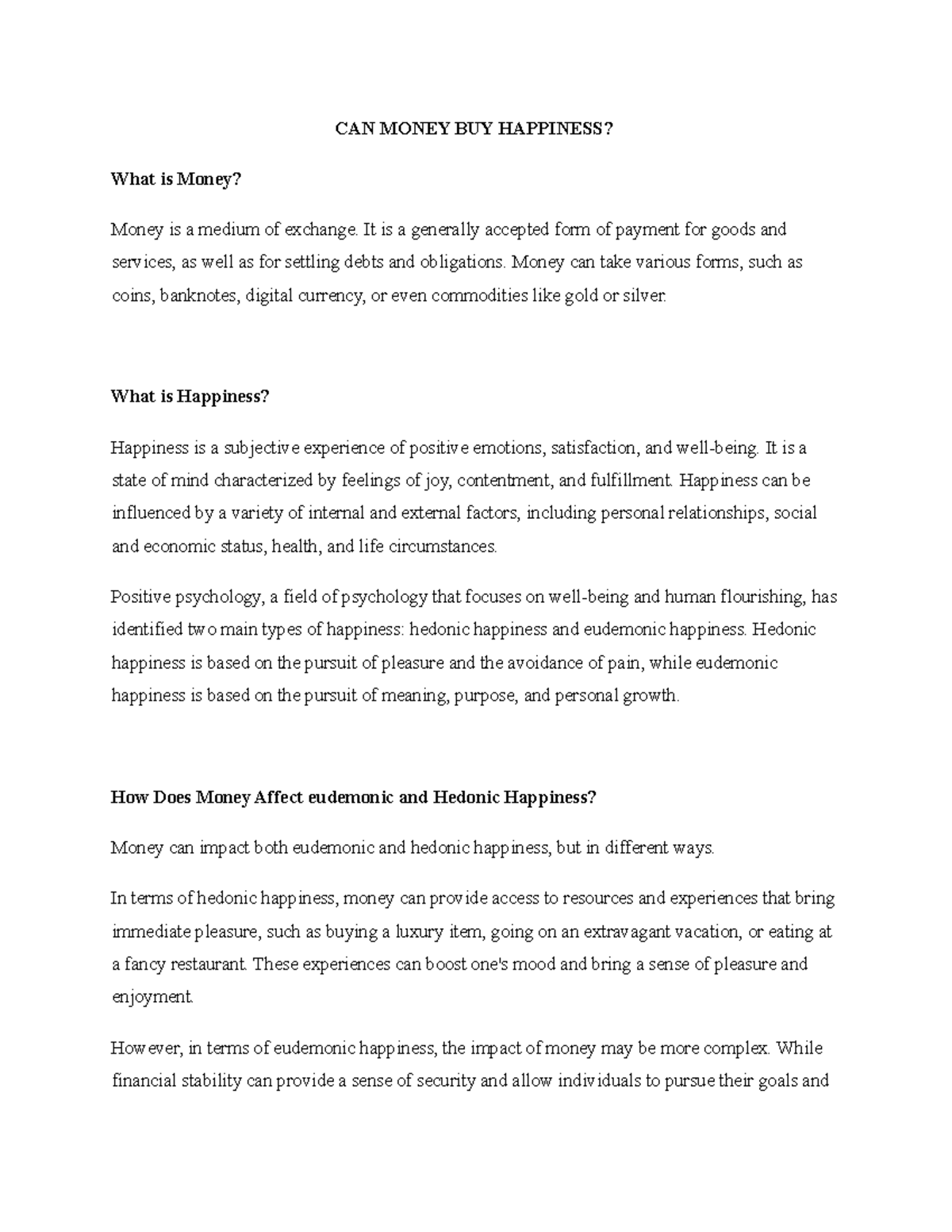 Wellbeing 1 - Notes on wellbeig - CAN MONEY BUY HAPPINESS? What is ...