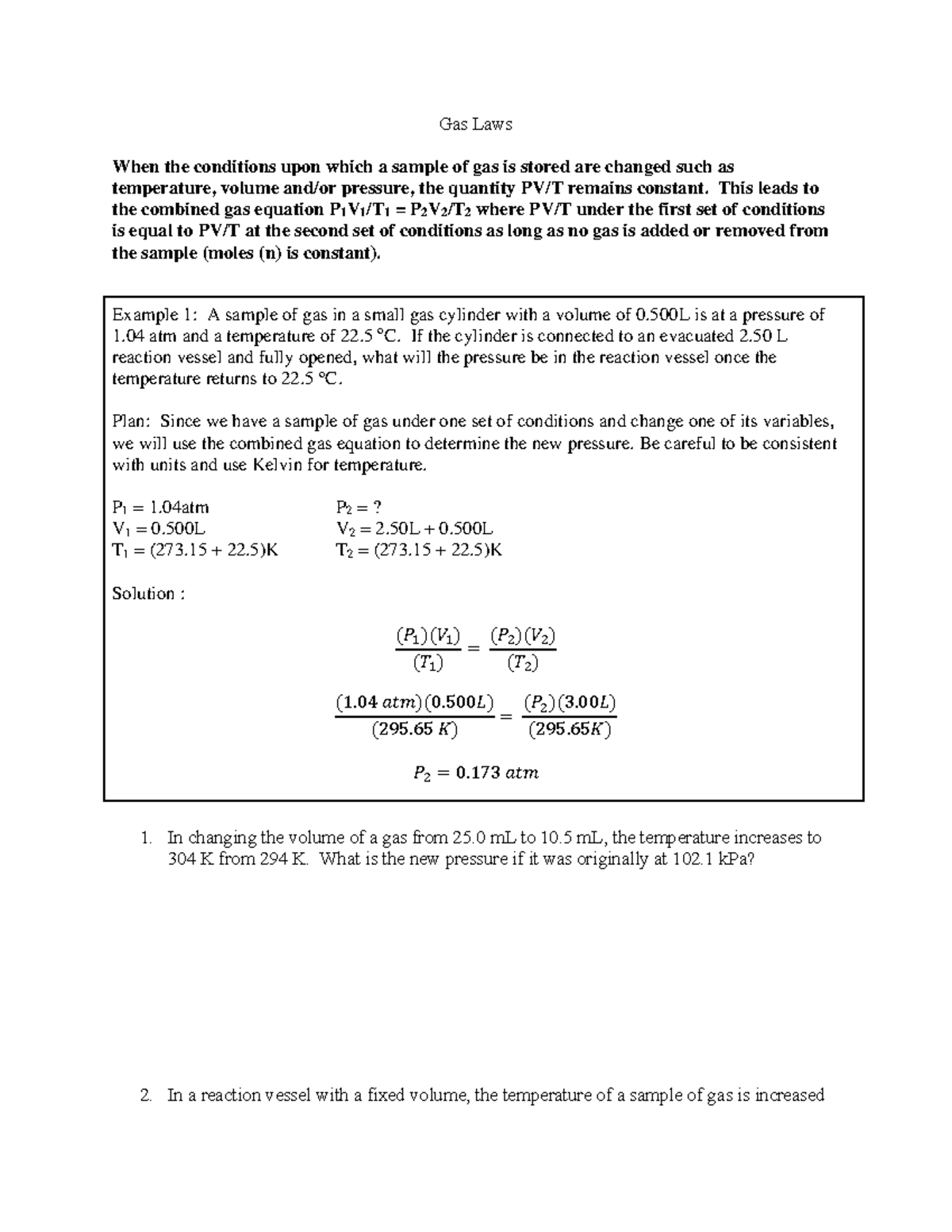 8.a Gas Laws - Homework - Gas Laws When the conditions upon which a ...