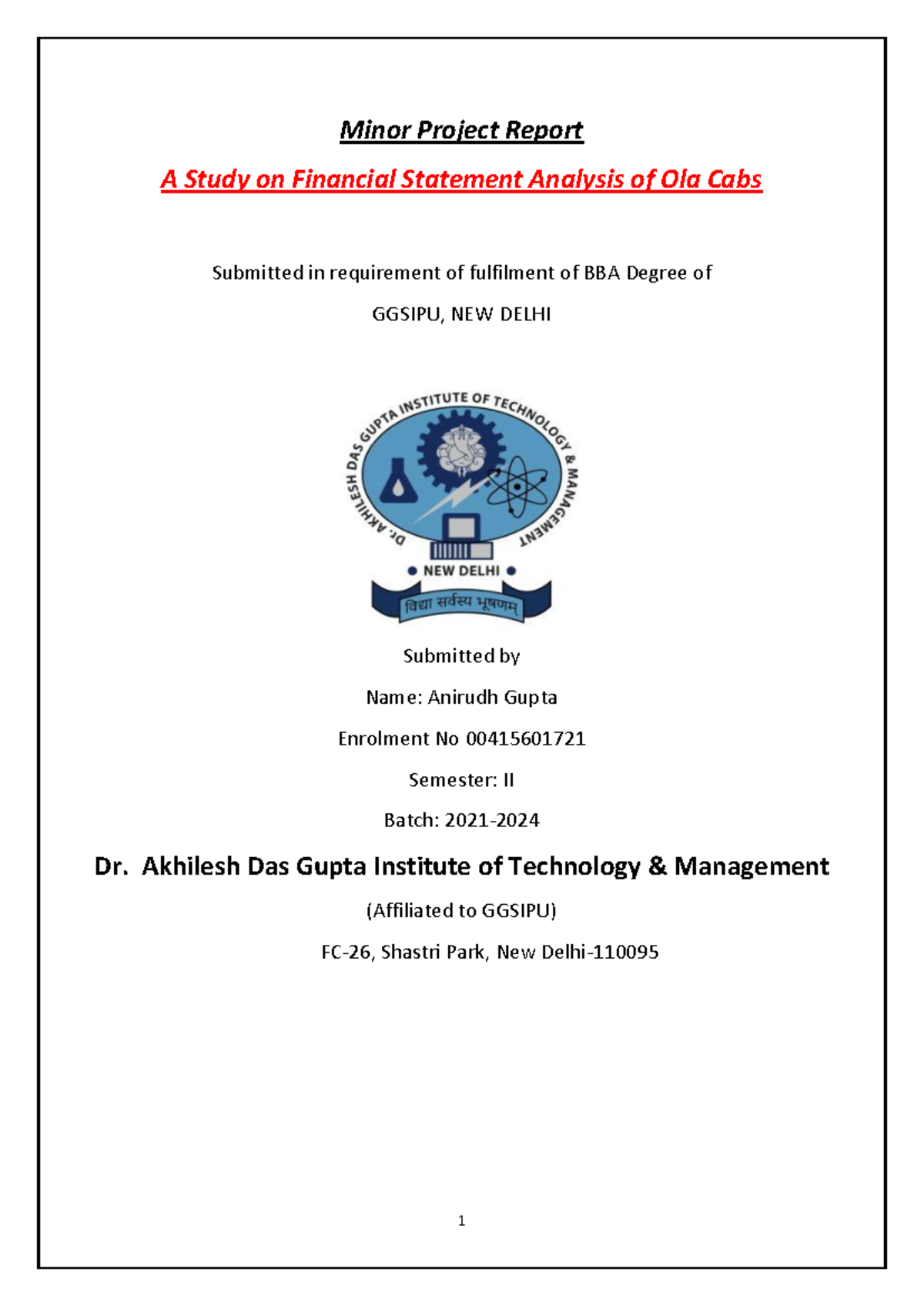 Ola cabssssss - Minor Project Report A Study on Financial Statement ...
