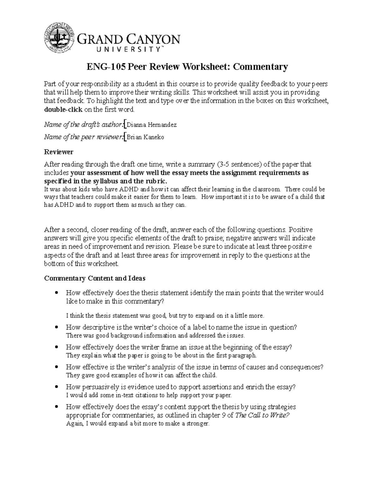 ENG105 Commentary Peer Review Worksheet - ENG-105 Peer Review Worksheet ...