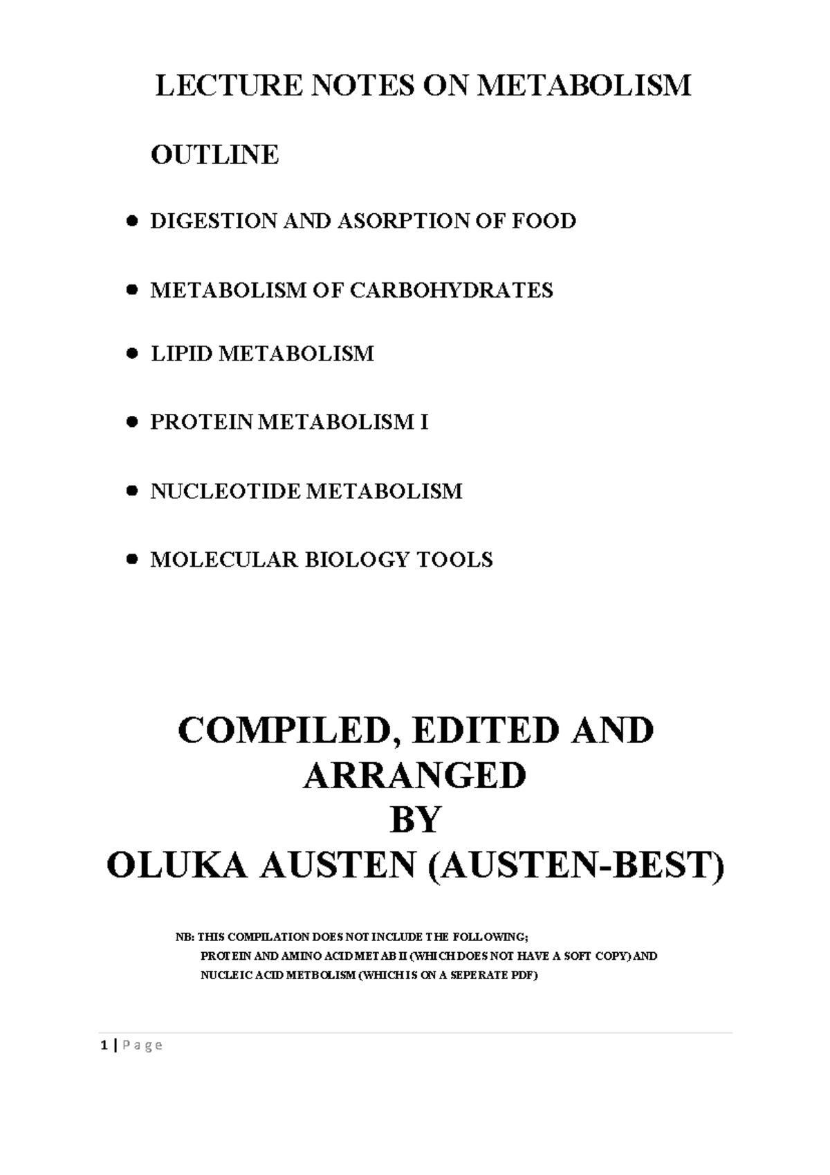 Compiled Metabolism - Bio - LECTURE NOTES ON METABOLISM OUTLINE ...