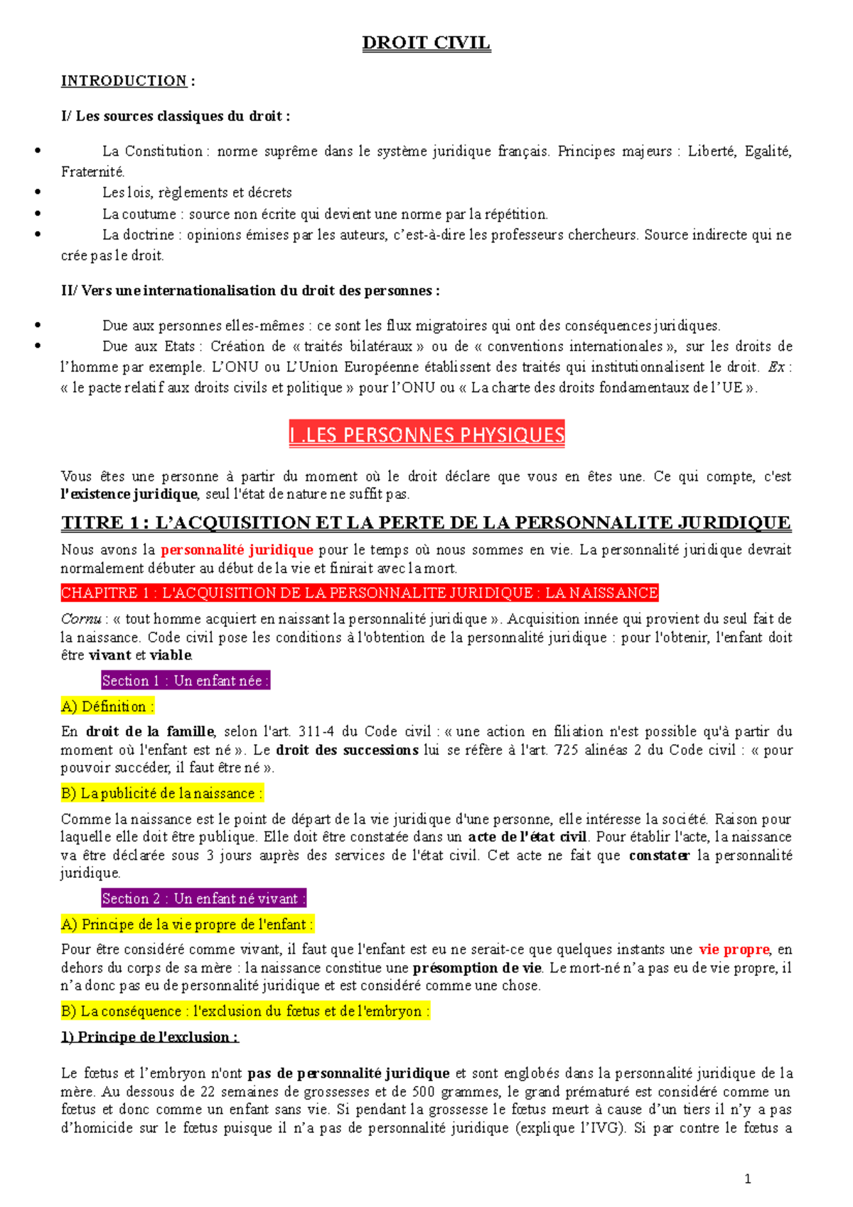 Fiche Droit Civil - DROIT CIVIL INTRODUCTION : I/ Les sources ...