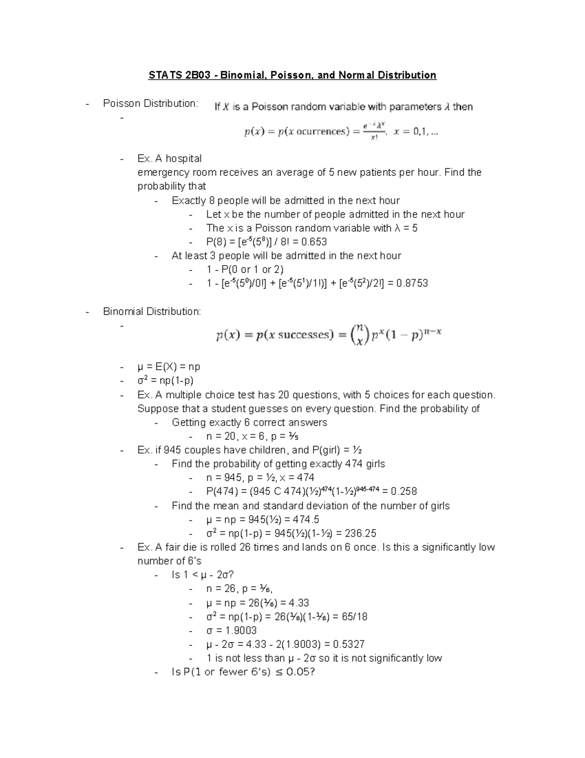Stats 2B03 - Binomial, Poisson, and Normal Distribution - STATS 2B03 ...