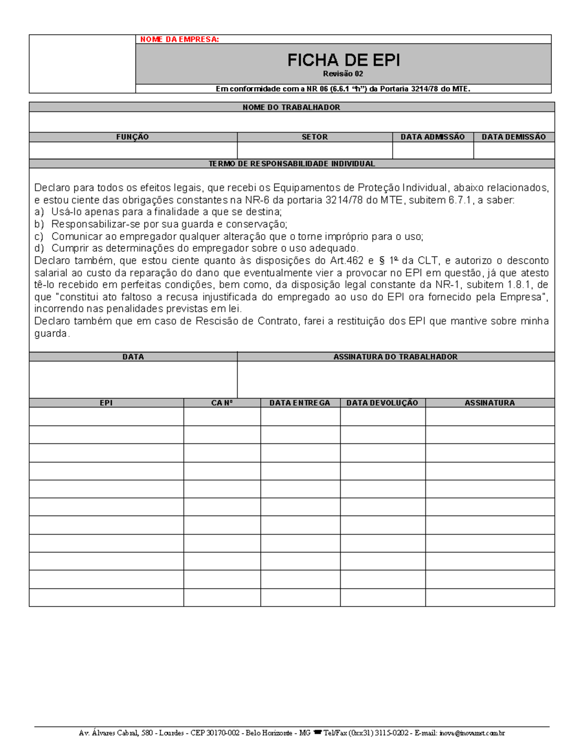 Modelo ficha de epi - Nr-06 - NOME DA EMPRESA: FICHA DE EPI Revisão 02 ...