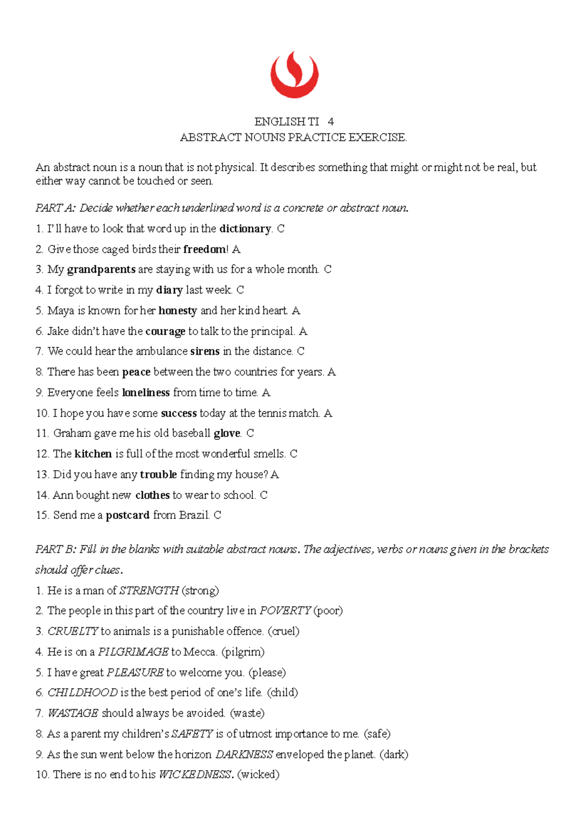 English TI 4 Abstract Nouns Practice - ENGLISH TI 4 ABSTRACT NOUNS ...