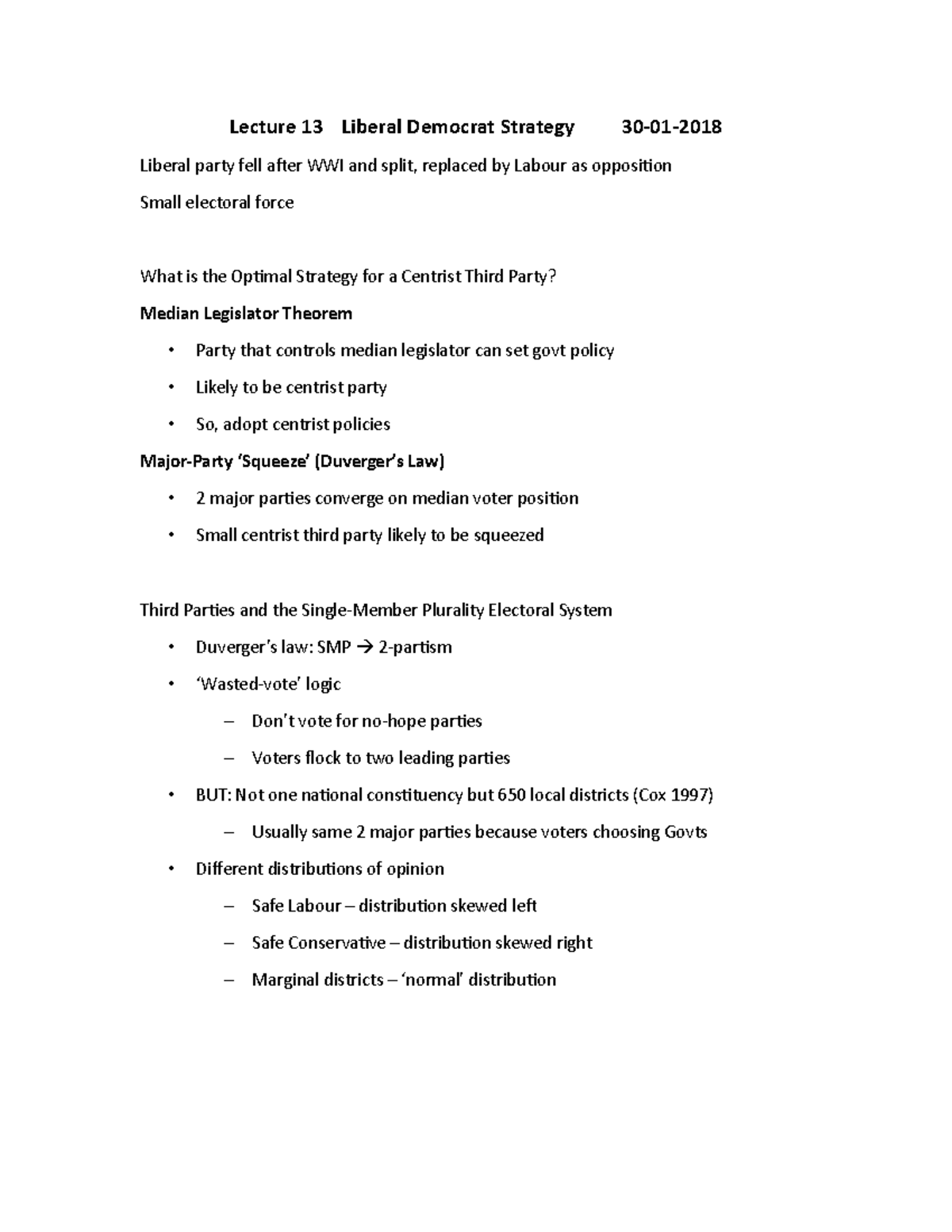 Lecture 13 - notes - Lecture 13 Liberal Democrat Strategy 30-01-2018 ...
