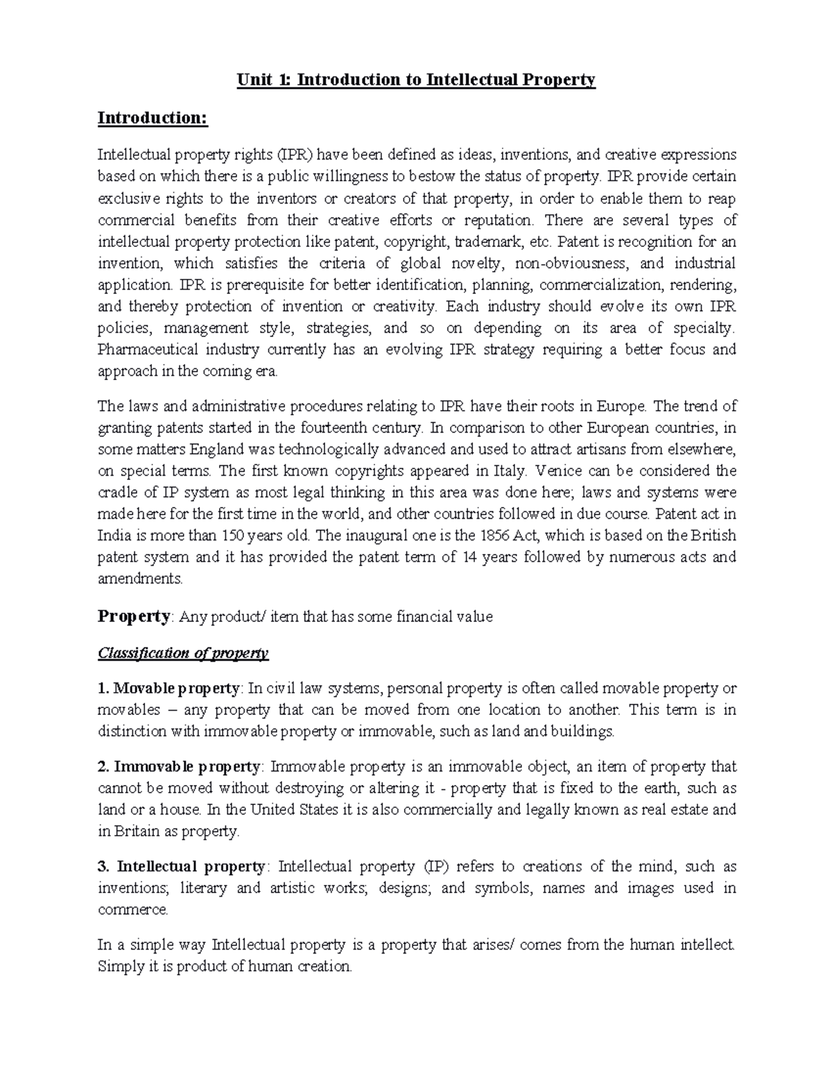 Unit 1 Introduction - Unit 1: Introduction to Intellectual Property ...