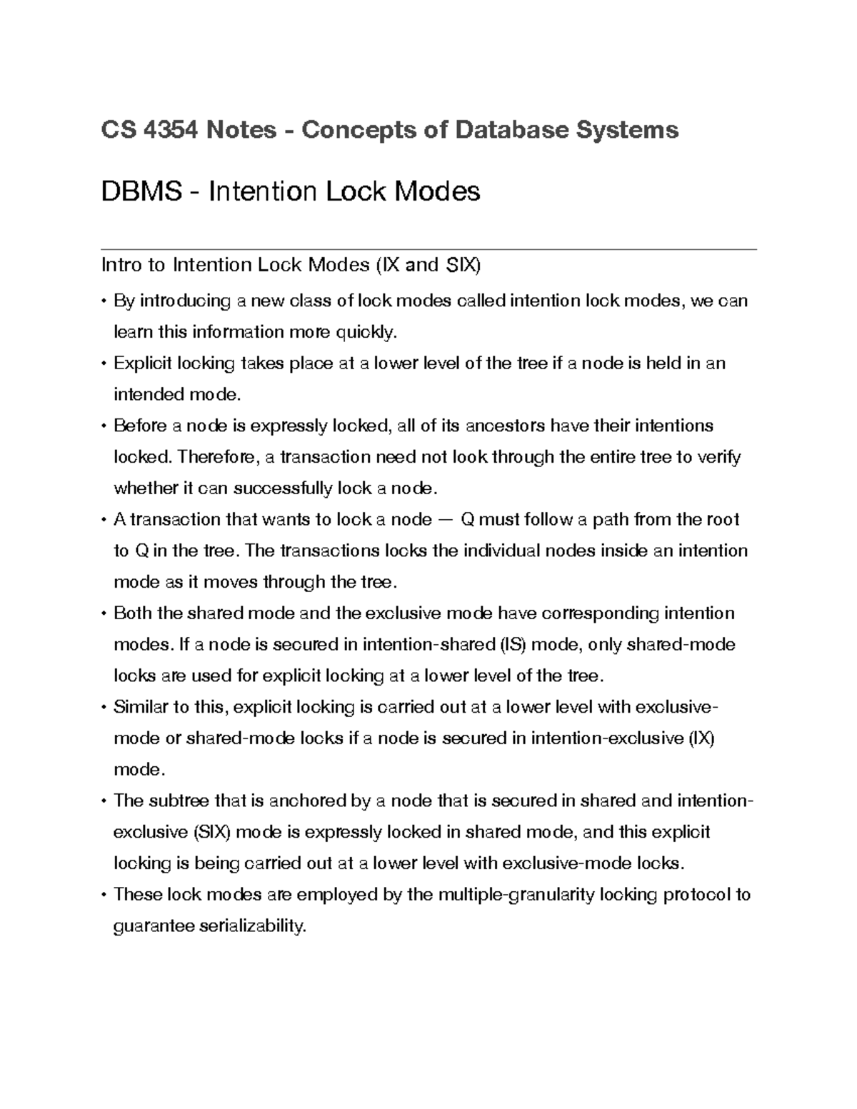 CS 4354 Notes - Intention Lock Modes - CS 4354 Notes - Concepts of ...