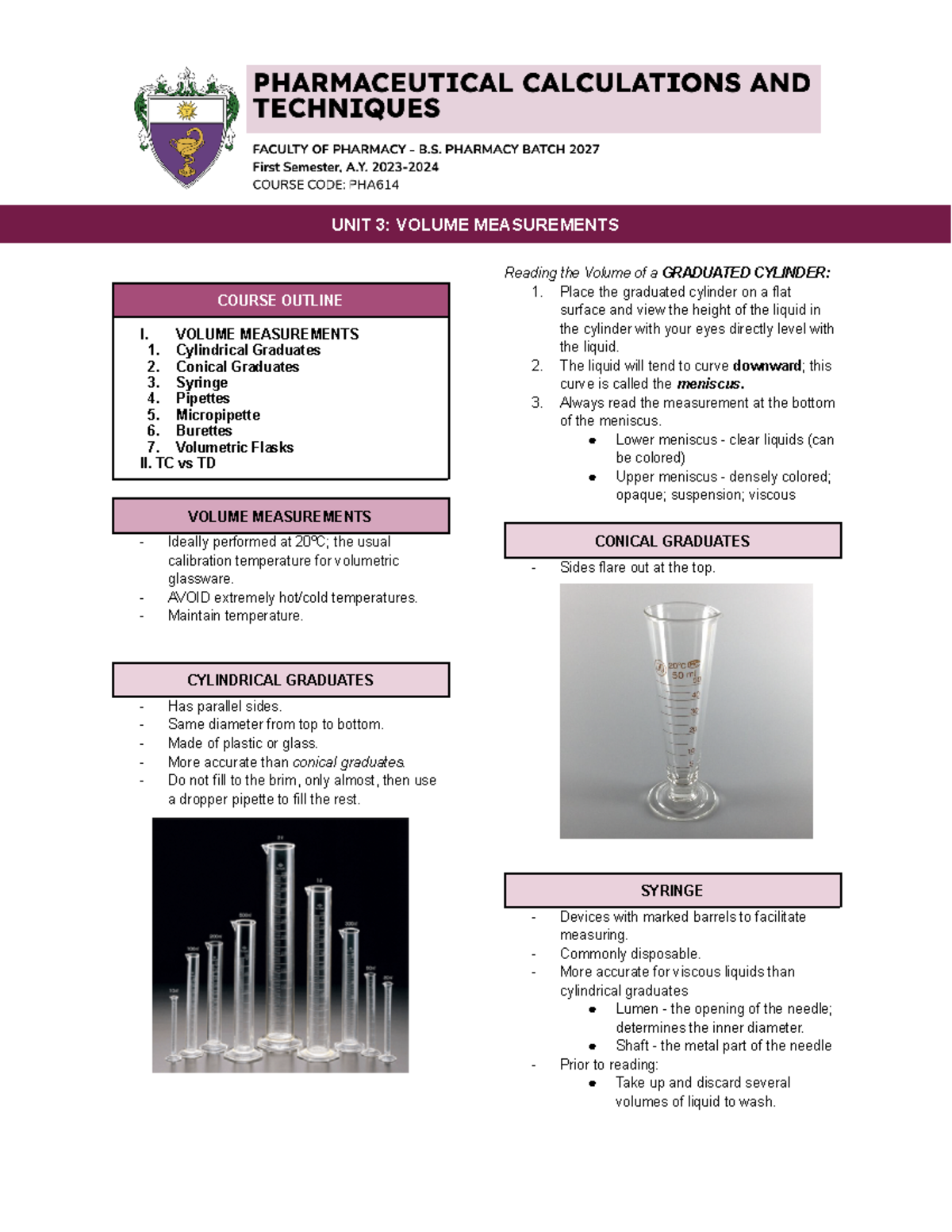 PHA614 LAB - Volume Measurements - COURSE OUTLINE I. VOLUME ...