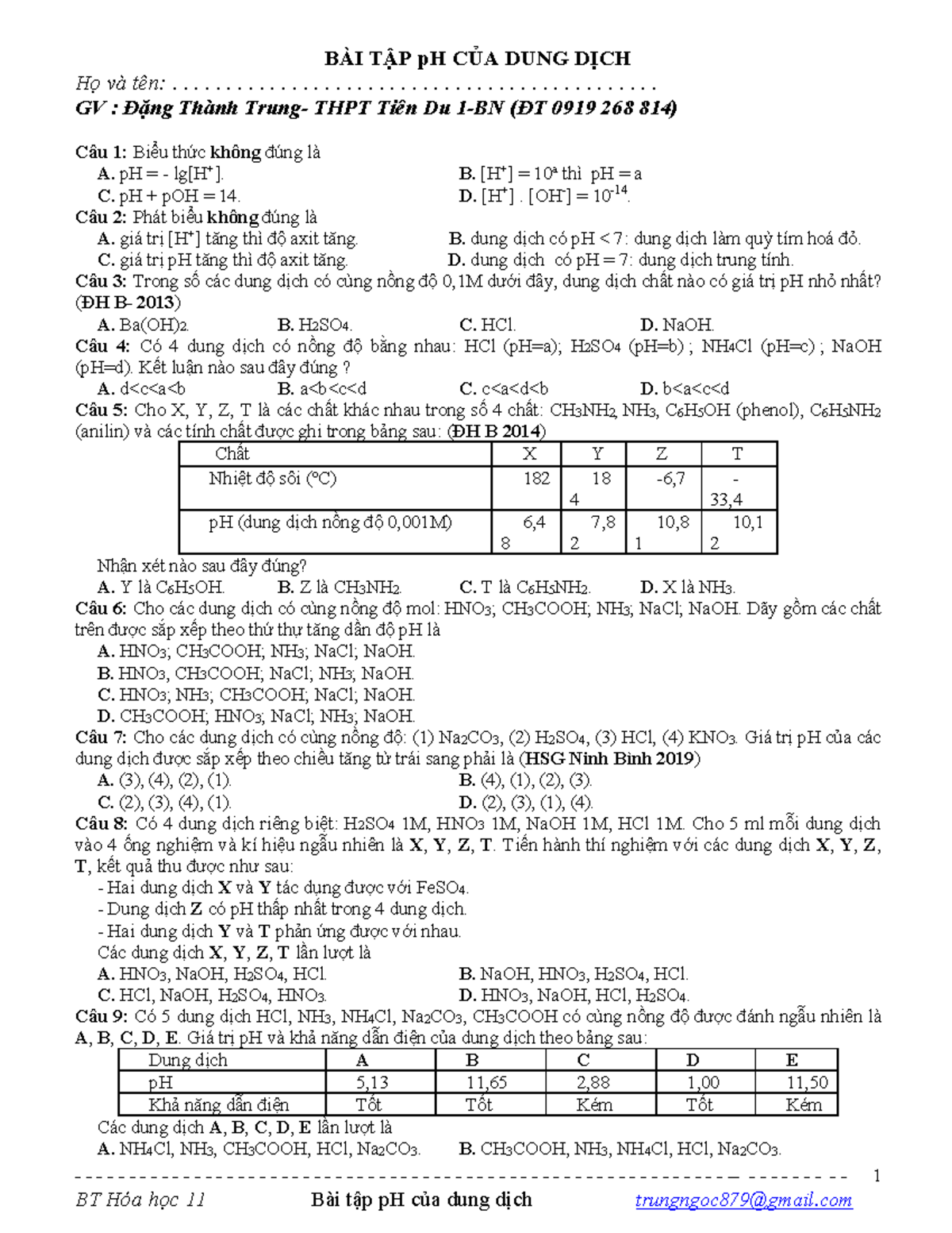 90 bai tap ph cua dung dich - 1 BÀI TẬP pH CỦA DUNG DỊCH Họ và - Studocu
