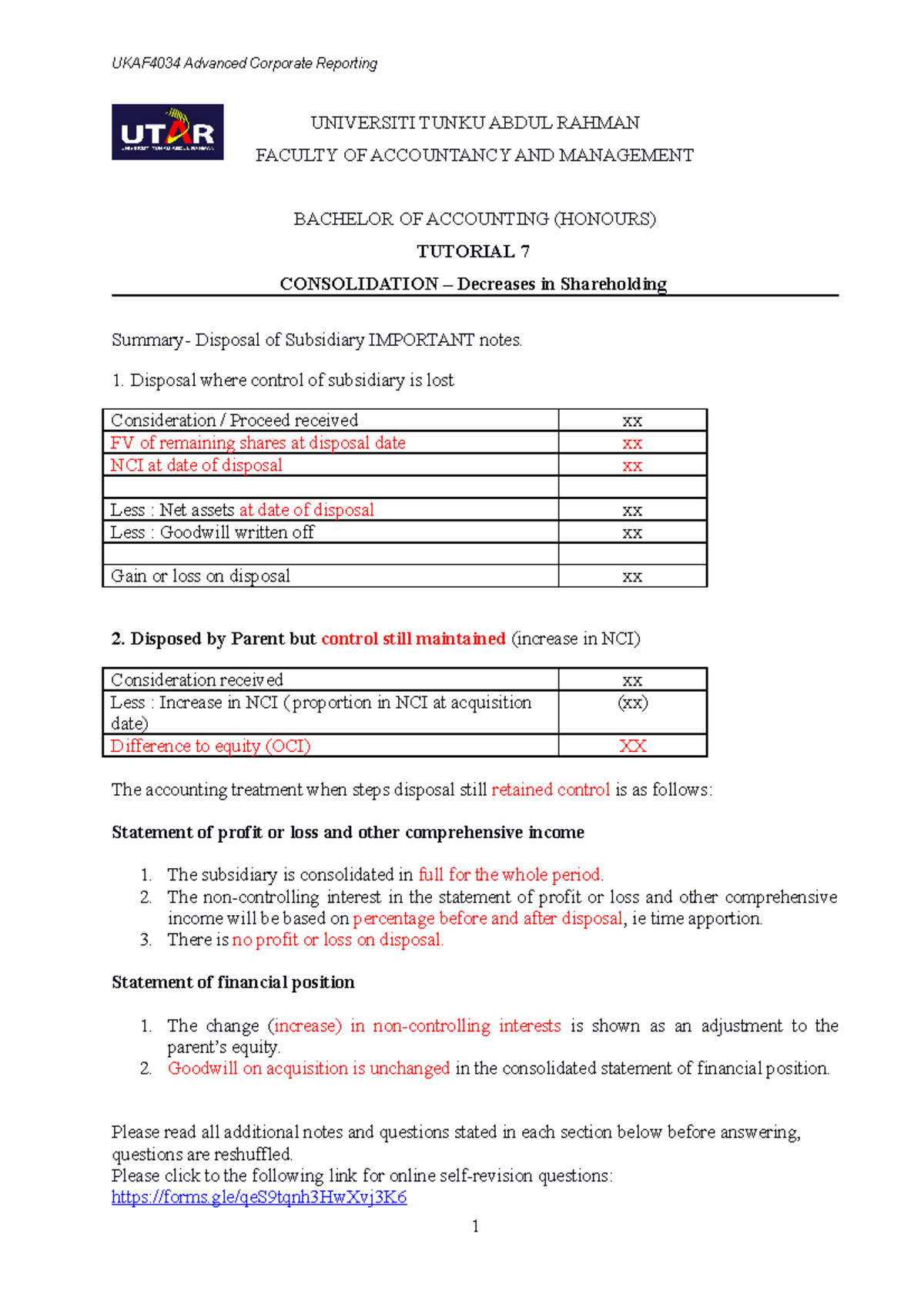 Tutorial 7 Decrease in Shareholding qr - UNIVERSITI TUNKU ABDUL RAHMAN ...