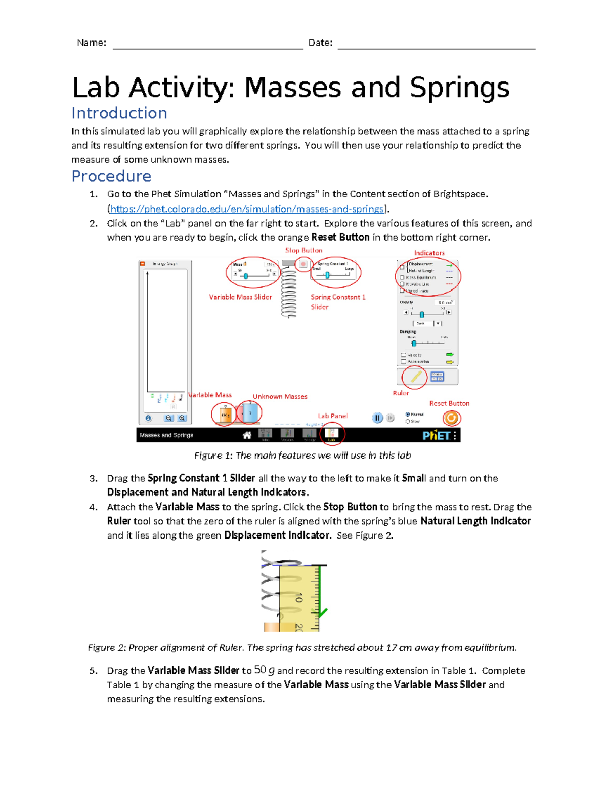 LA01-Masses Springs - foiewffoej - Name: Date: Lab Activity: Masses and ...