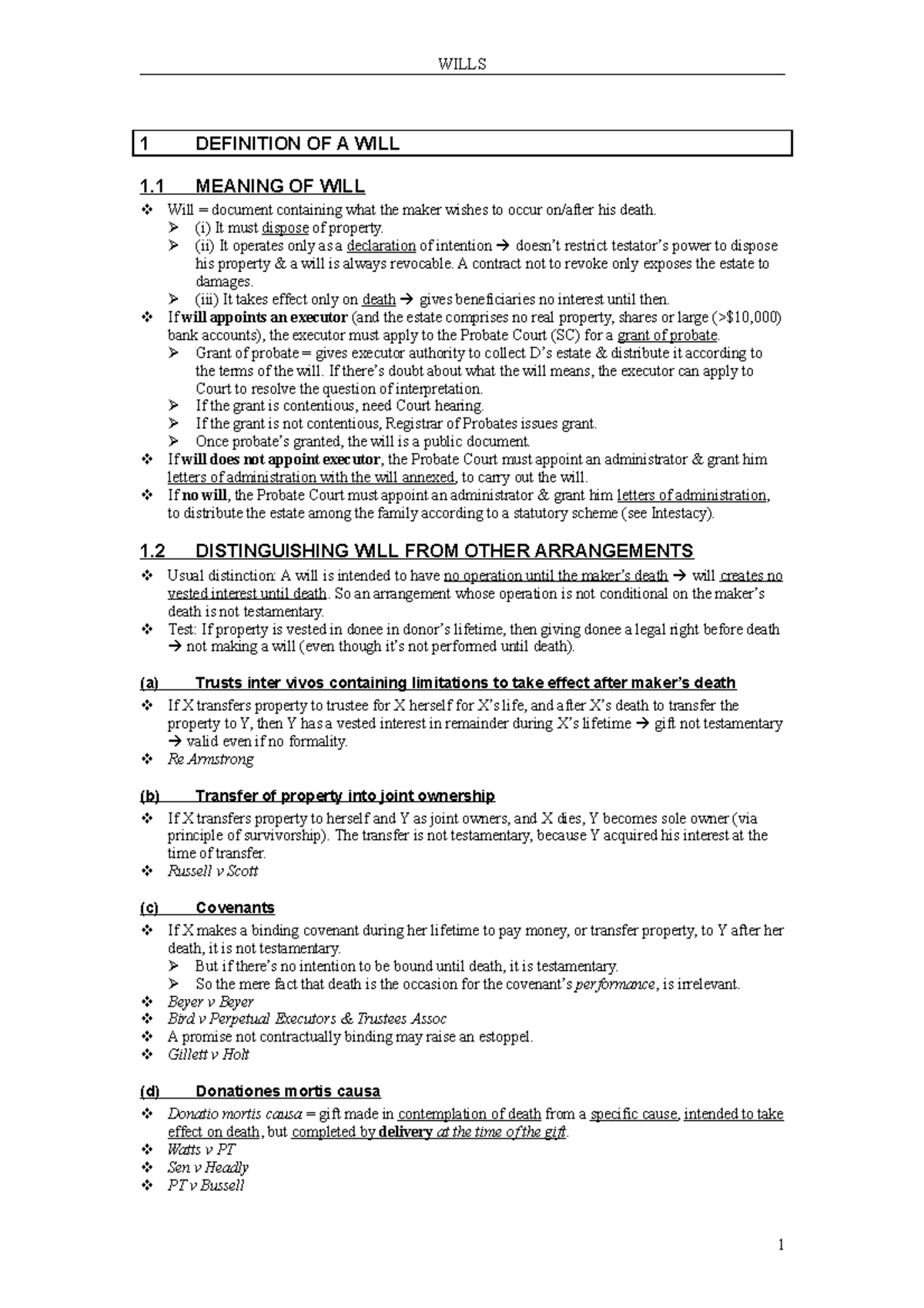 WILL Notes - 1 DEFINITION OF A WILL 1 MEANING OF WILL Will = document ...