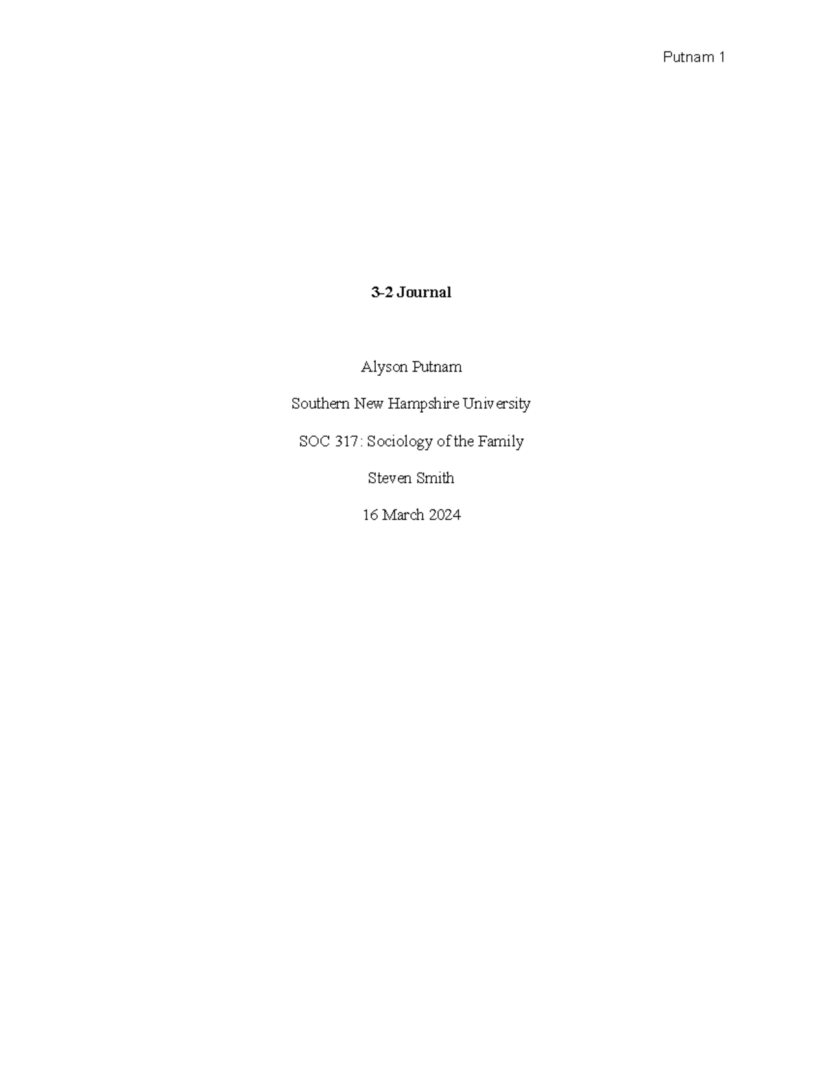 Module 3 Journal Sociology of the Family - 3-2 Journal Alyson Putnam ...