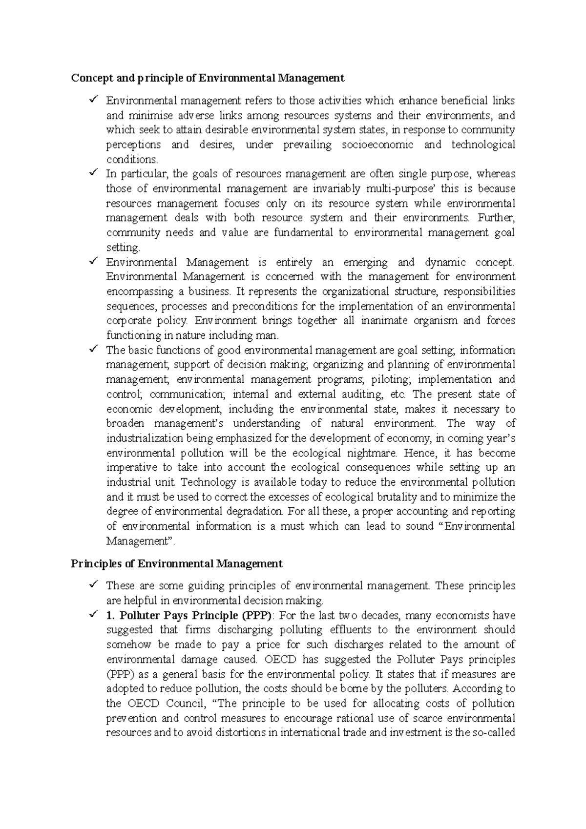 Concept and principle of Environmental Management - In particular, the ...