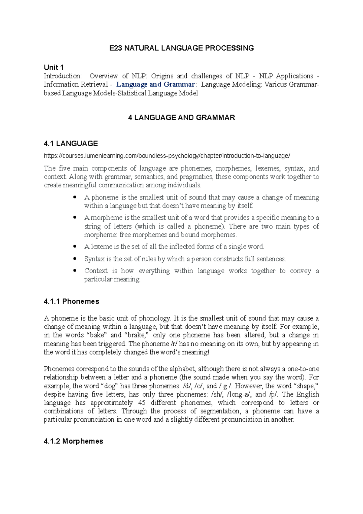 2021 1.4 Languages AND Grammar - E23 NATURAL LANGUAGE PROCESSING Unit 1 Introduction: Overview ...