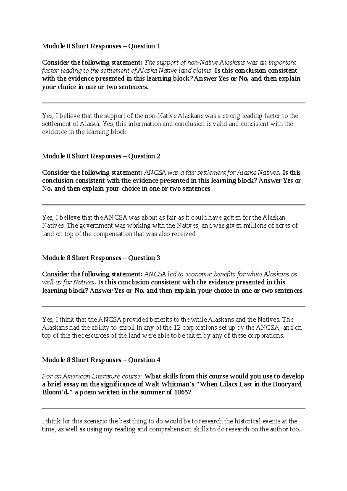 Mod 8 Short Questions - Module 8 Short Responses – Question 1 Consider ...